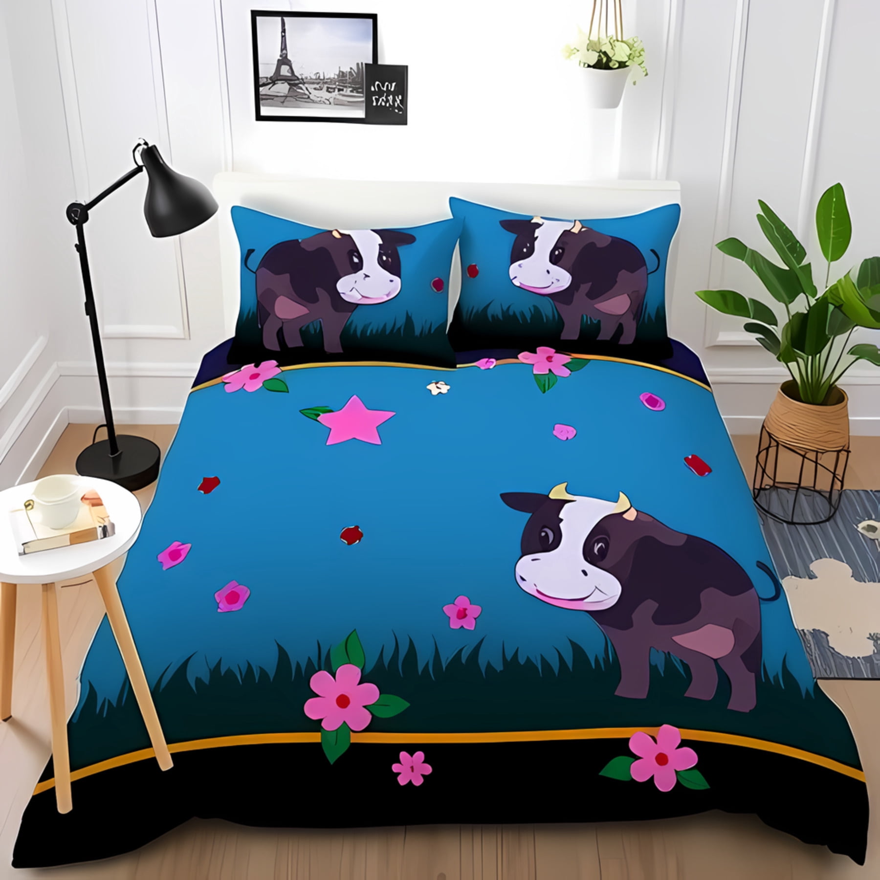 3-Piece Cartoon Cow & Pink Flower Duvet Cover Set - Vibrant Blue ...