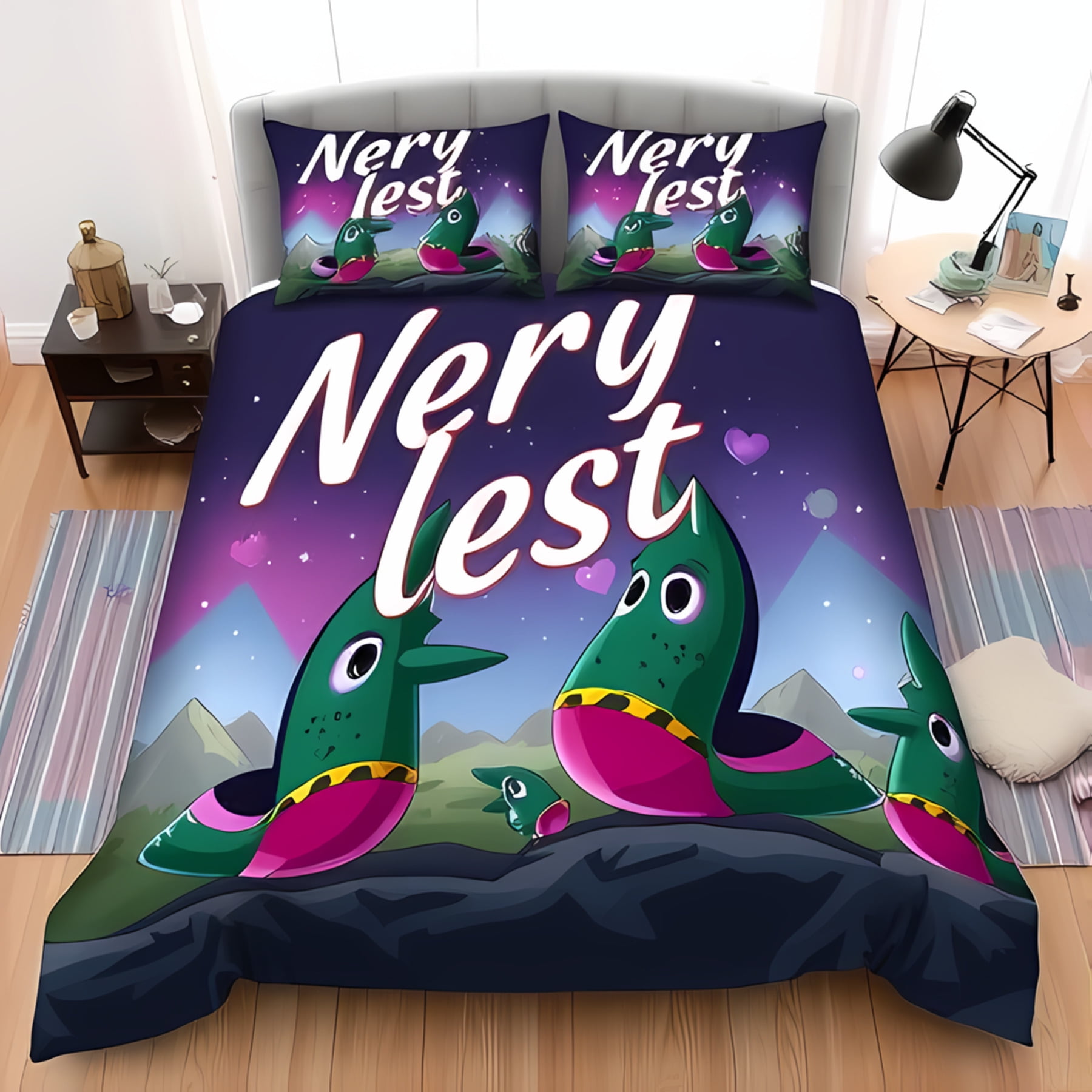 3-Piece Cartoon Creature Duvet Cover Set - Whimsical Design with Winged ...