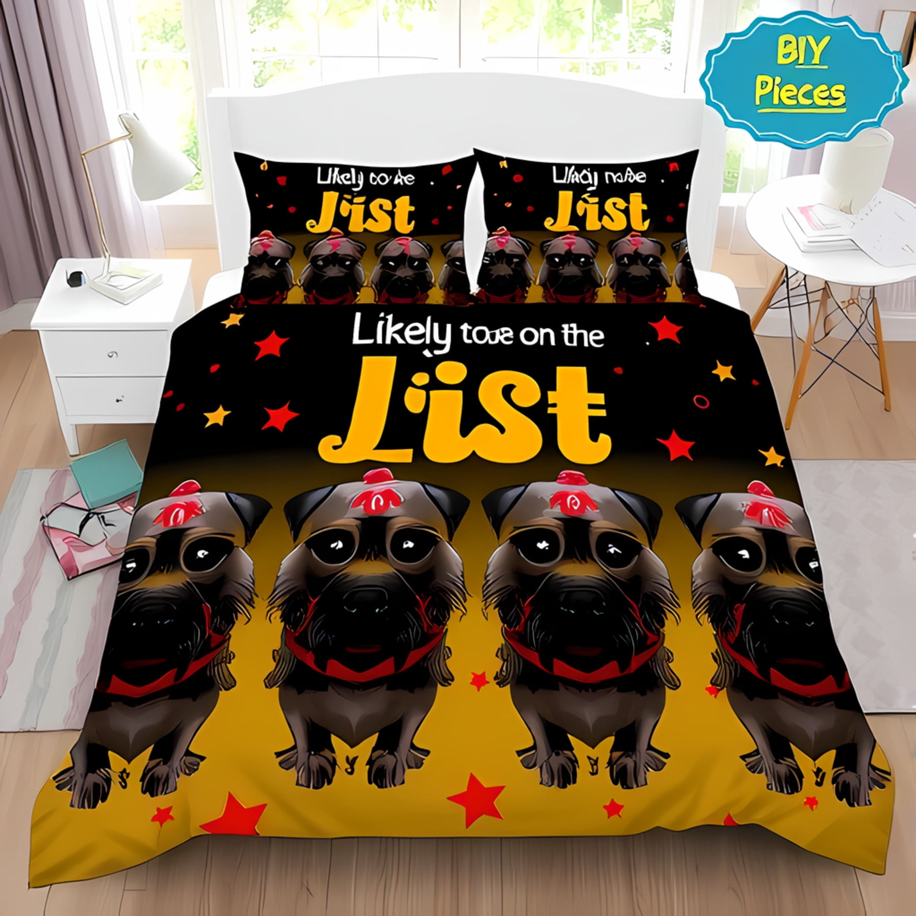 3-Piece Cartoon Dog Duvet Cover Set - Black & Yellow Playful Design ...