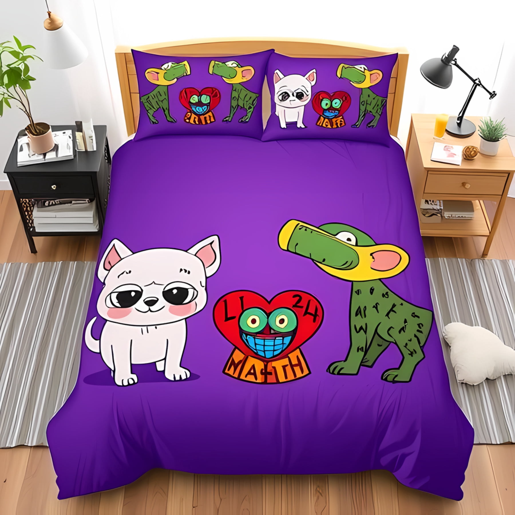 3-Piece Cartoon Dog Duvet Cover Set - Purple Bedspread with Fun ...