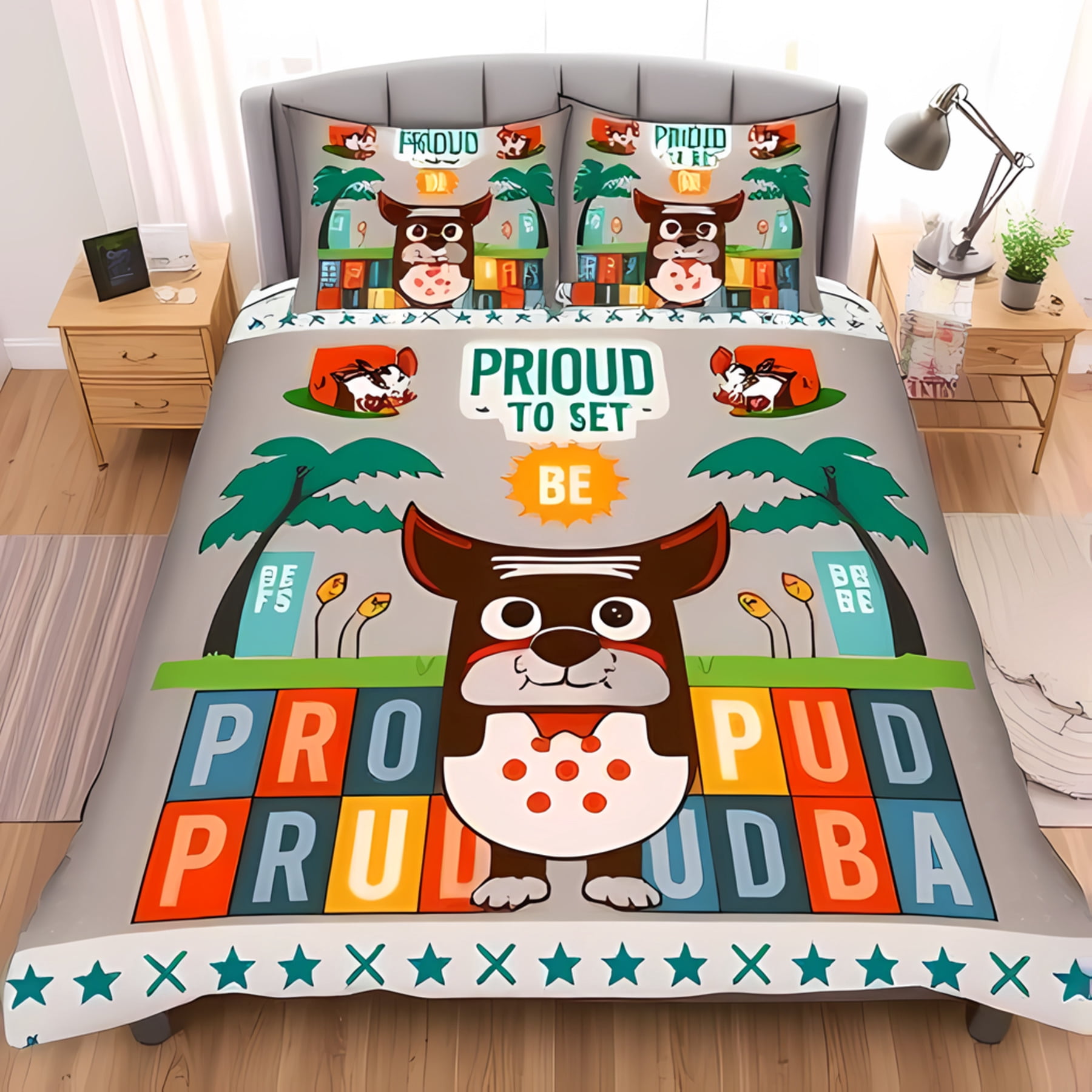 3-Piece Cartoon Dog Duvet Cover Set with Colorful 'PROUD' Letters ...