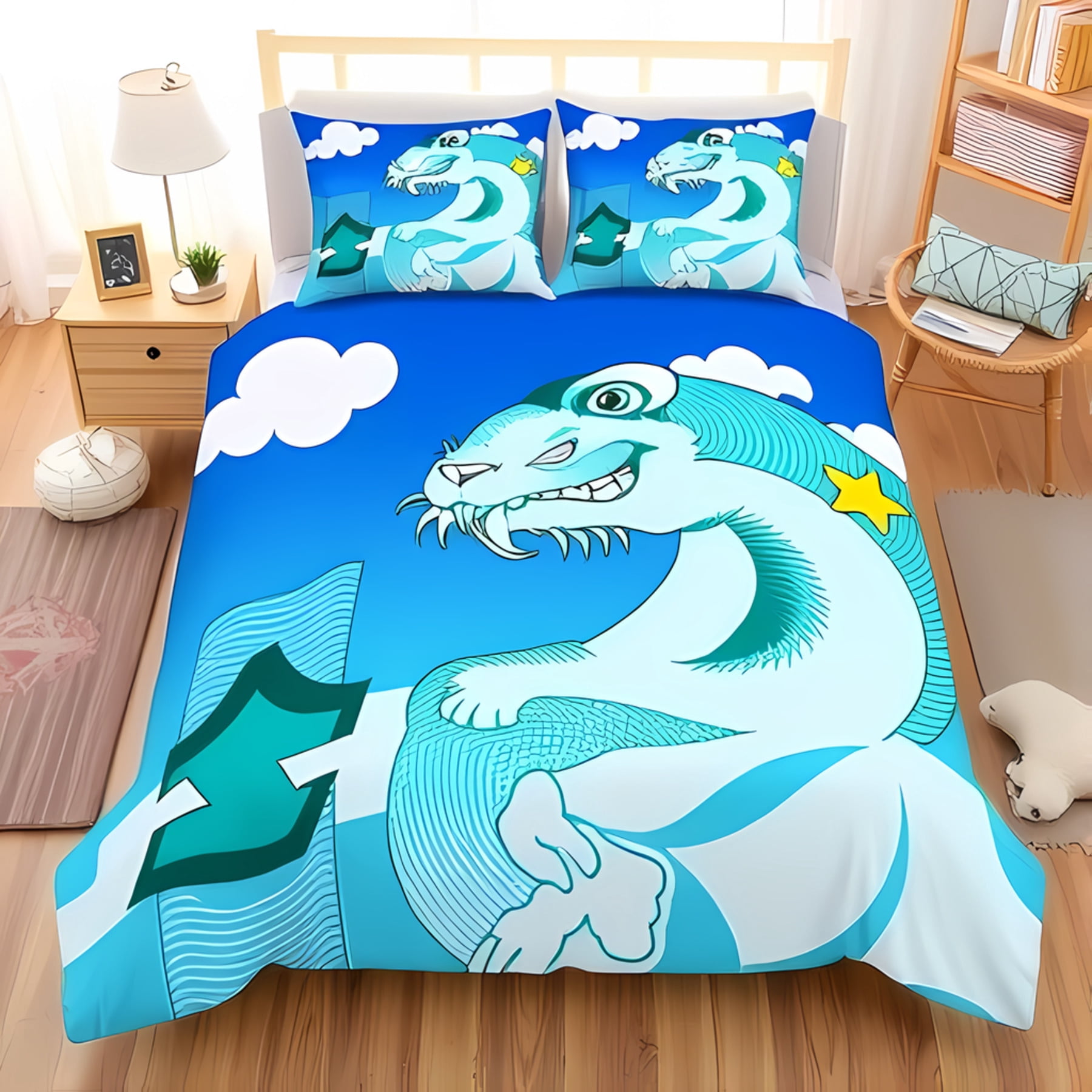 3-Piece Cartoon Dragon Duvet Cover Set - Whimsical Blue & White Design ...