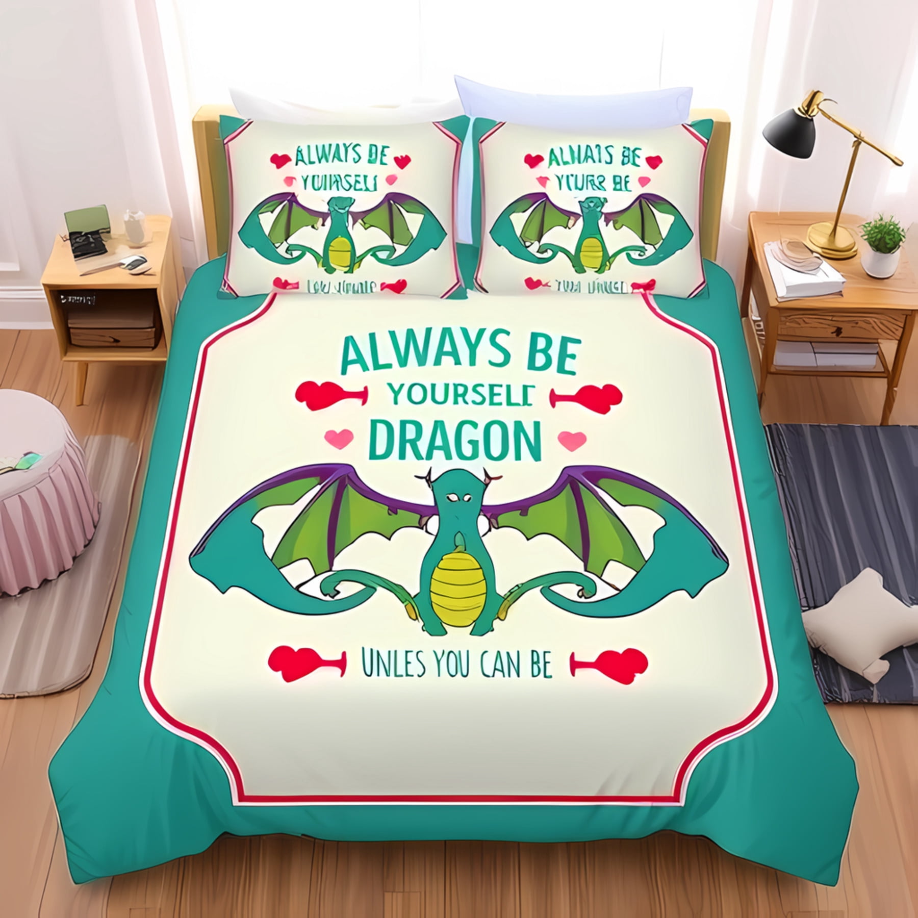 3-Piece Cartoon Dragon Duvet Cover Set with Whimsical Design & Playful ...