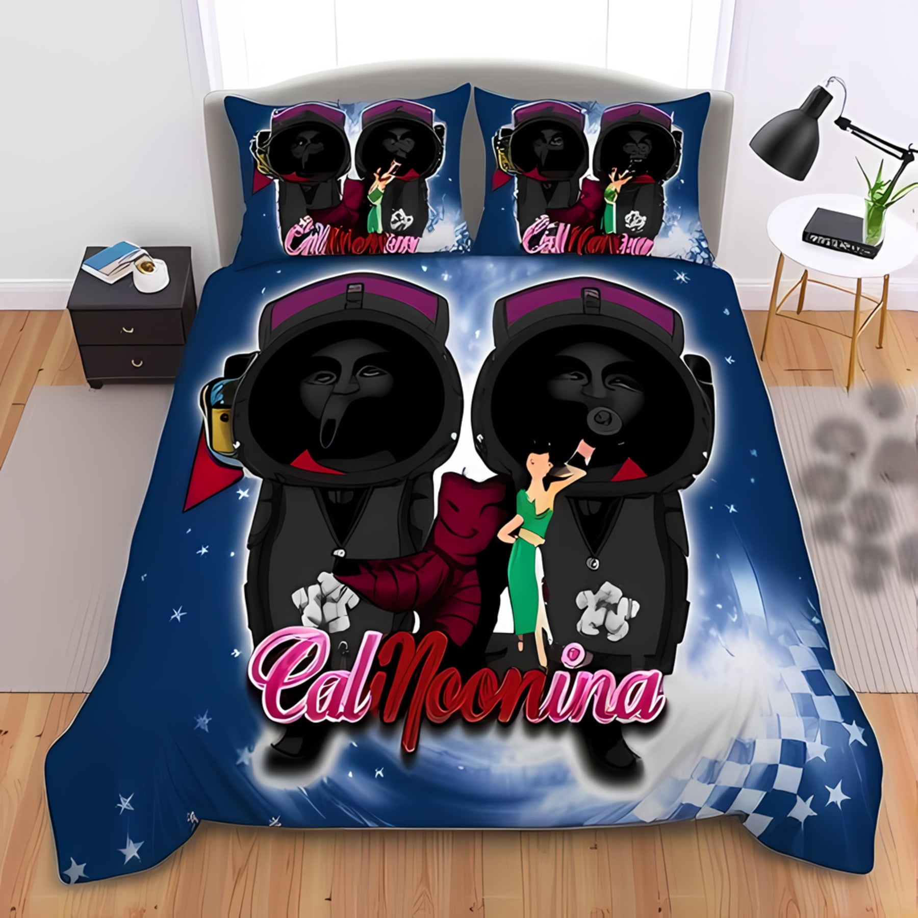 3-Piece Cartoon Duvet Cover Set - Blue Bedding with Stars & Checkered ...