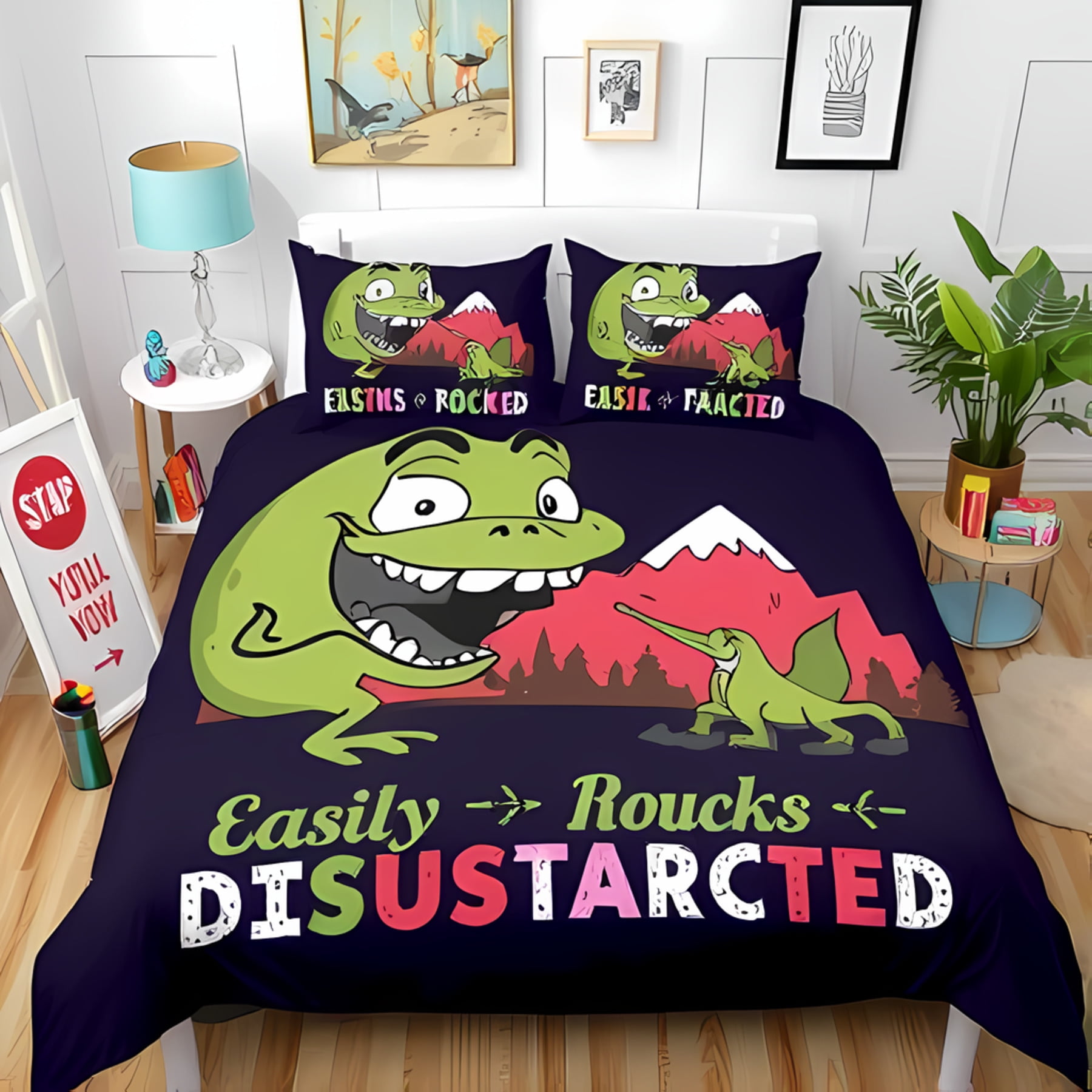 3-Piece Cartoon Duvet Cover Set - Green & Red Dinosaurs with Matching ...