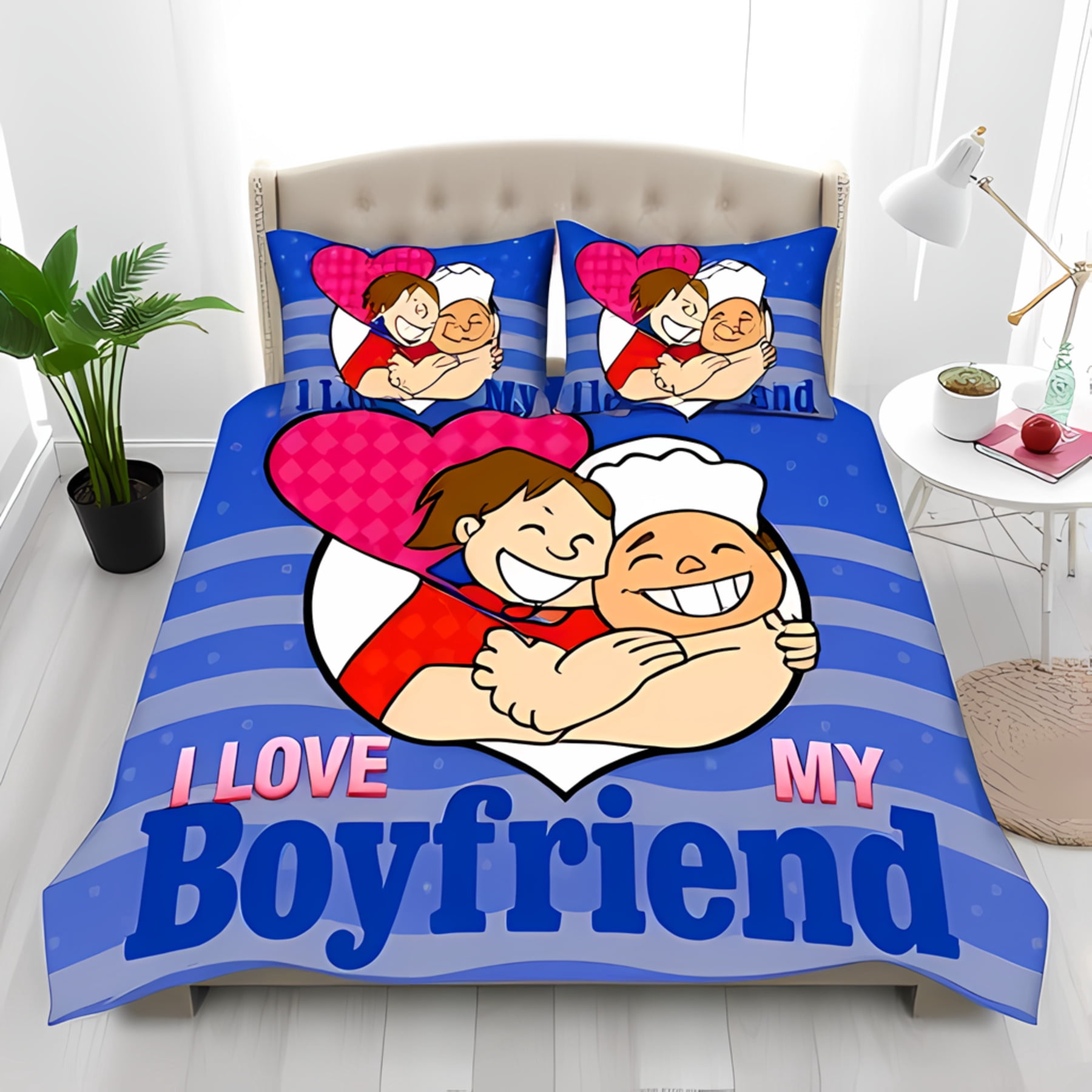 3-Piece Cartoon Duvet Cover Set - "I Love My Boyfriend" with Heart ...
