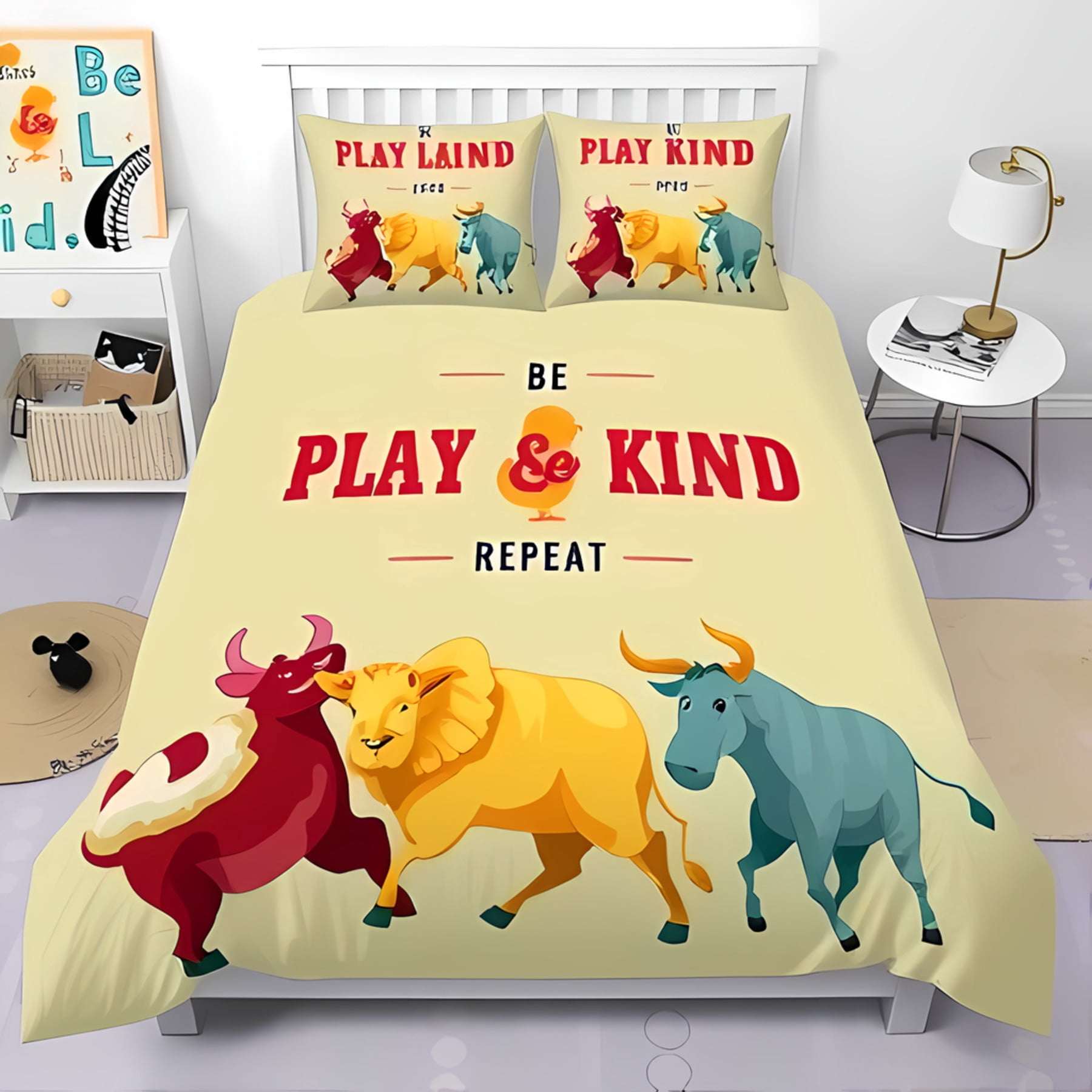 3-Piece Cartoon Duvet Cover Set - Playful Bedding with " BE PLAY & KIND ...