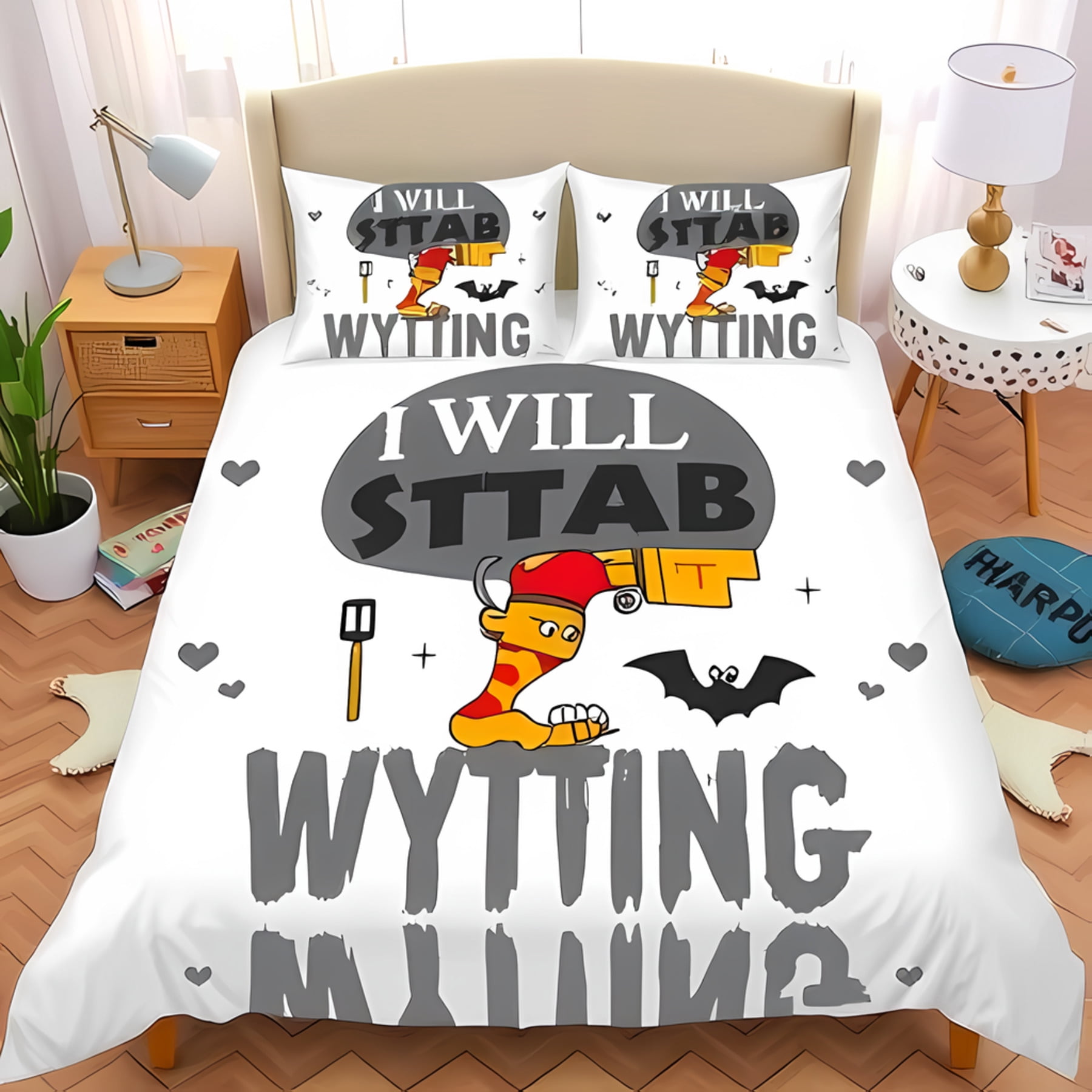 3-Piece Cartoon Duvet Cover Set with Playful Design - White Bedspread ...