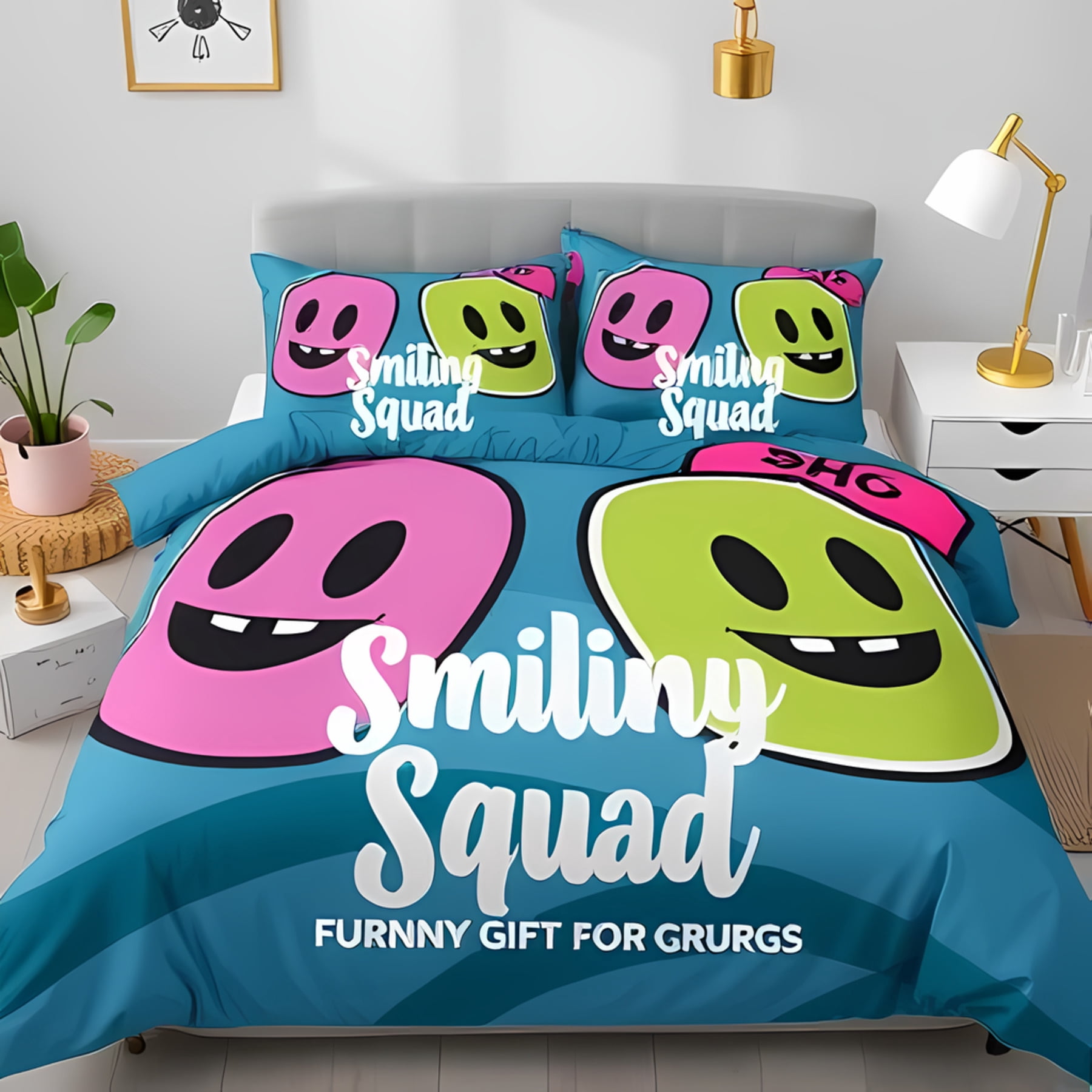 3-Piece Cartoon Duvet Cover Set - Vibrant Smiling Squad Design with ...