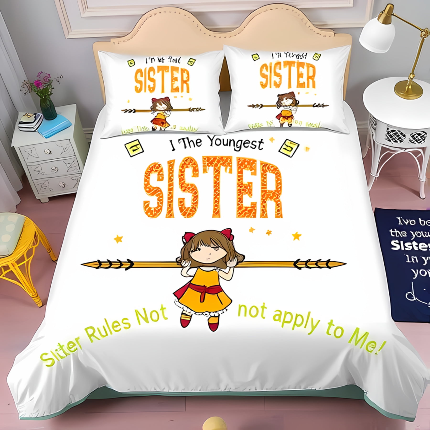 3-Piece Cartoon Duvet Cover Set - Whimsical Girl with Pencil Design " I'm the Youngest Sister ...