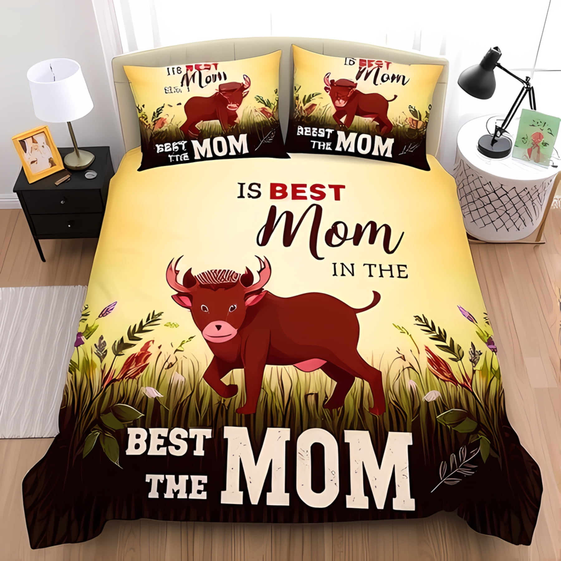 3-Piece Cartoon Duvet Cover Set with Colorful Wildflowers & " BEST MOM ...