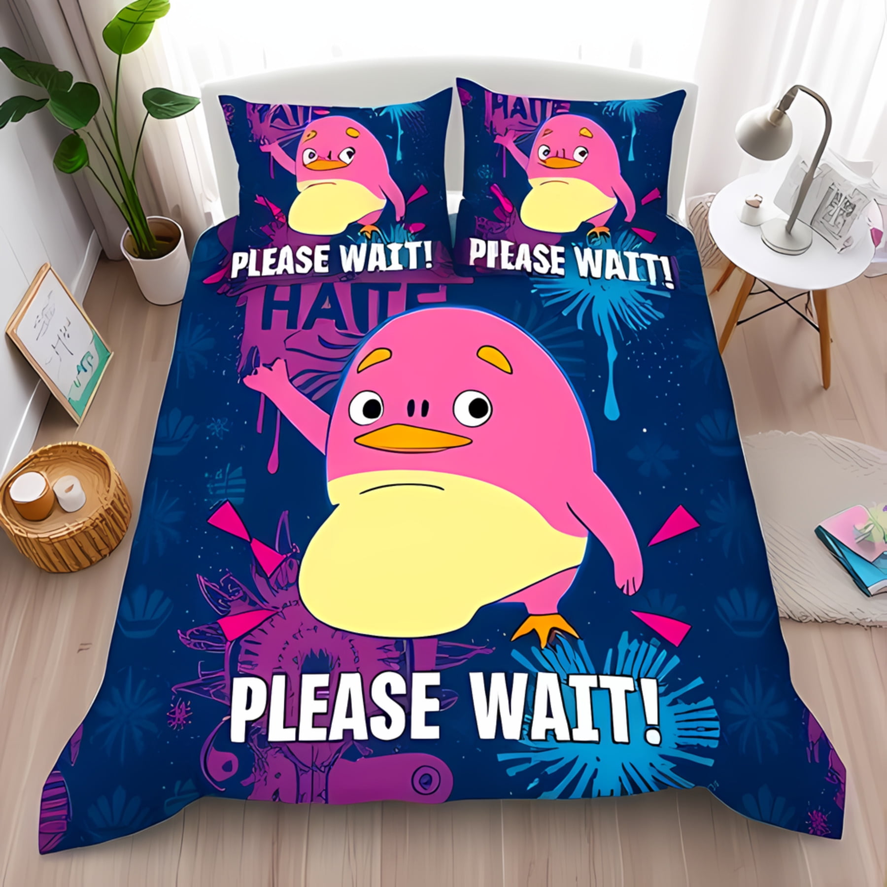 3-Piece Cartoon Duvet Cover Set with Pink Character & Bold Patterns ...