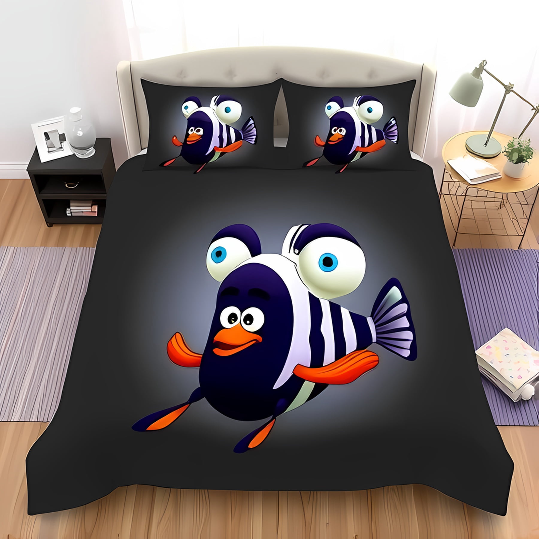 3-Piece Cartoon Fish Duvet Cover & Pillowcase Set - Whimsical Design ...