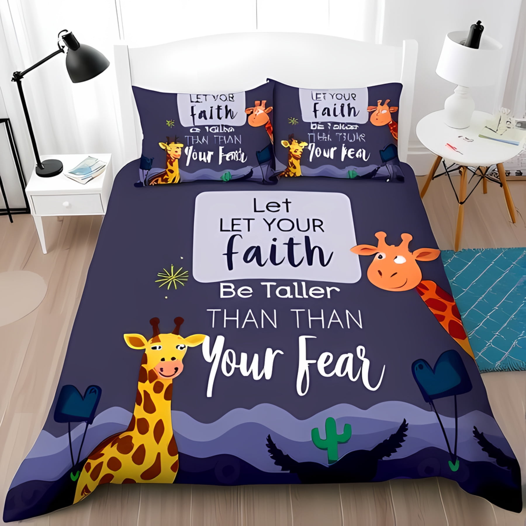 3-Piece Cartoon Giraffe Duvet Cover Set - Whimsical Deep Blue Bedding ...