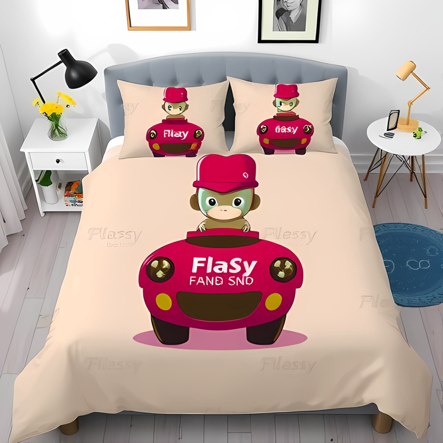 3-Piece Cartoon Monkey Duvet Cover Set - Playful Red Car Design with ...