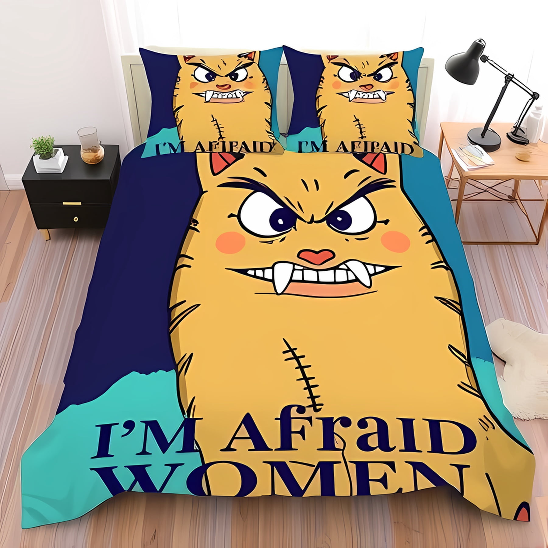 3-Piece Cartoon Orange Cat Duvet Cover & Pillowcase Set - Bold Graphic ...