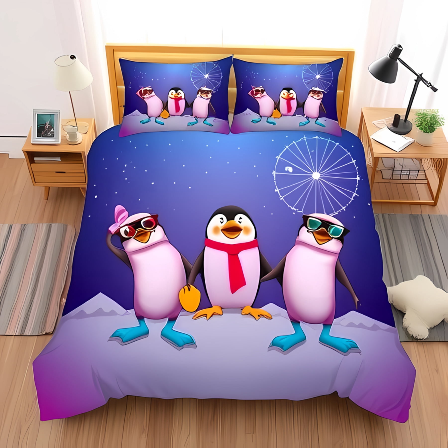 3-Piece Cartoon Penguin Duvet Cover Set - Whimsical Scene with Stars ...