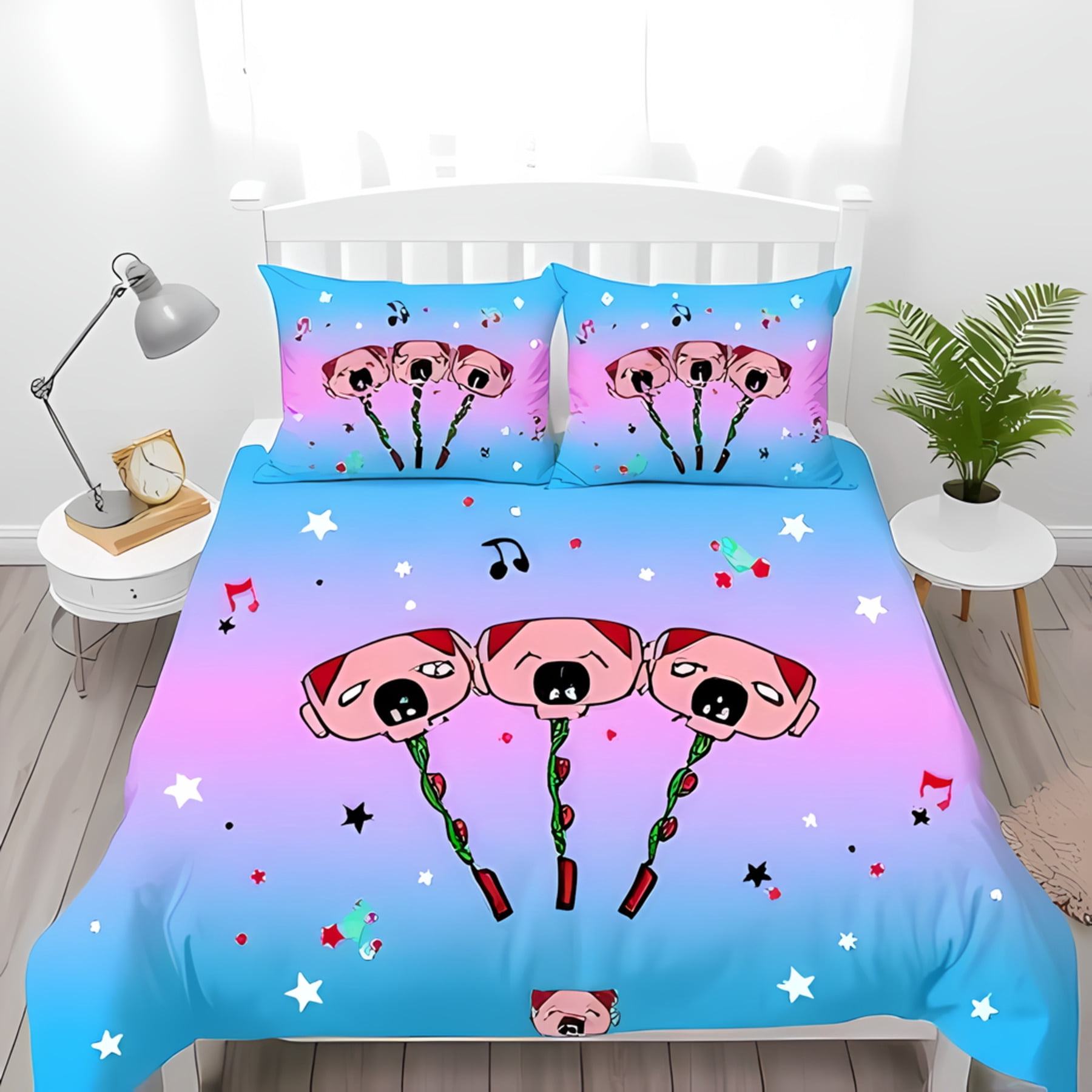 3-Piece Cartoon Pig Duvet Cover Set - Whimsical Design with Stars ...