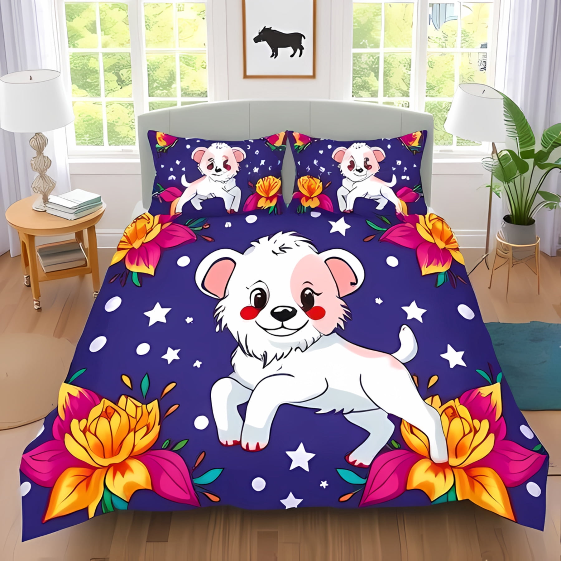 3-Piece Cartoon Puppy Duvet Cover Set with Bright Flowers & Stars on ...