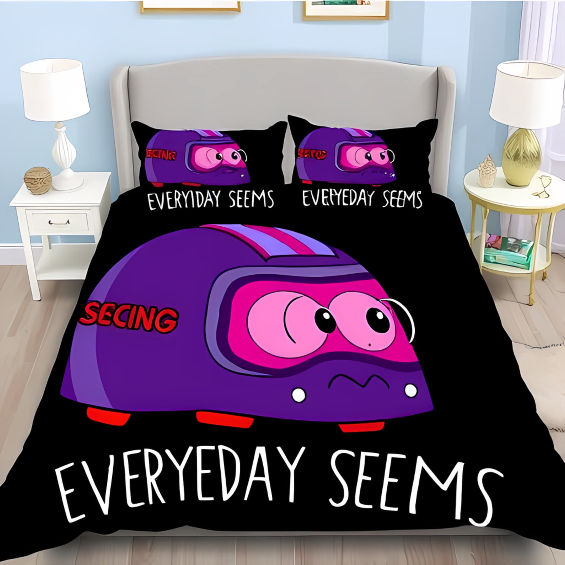 3-Piece Cartoon Purple Creature Duvet Cover Set with Fun Expressions ...