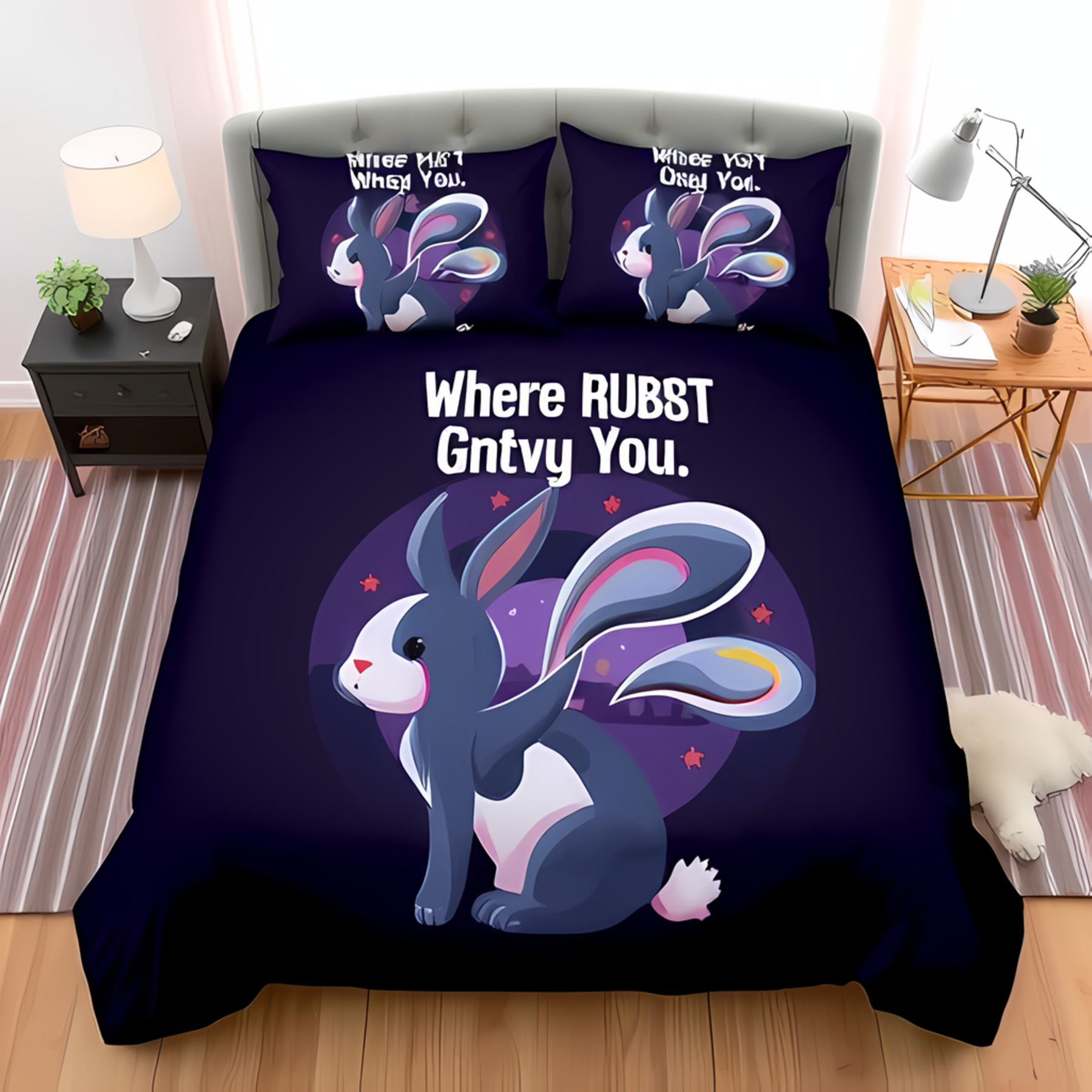 3-Piece Cartoon Rabbit Duvet Cover Set - Adorable Design on Dark Starry ...