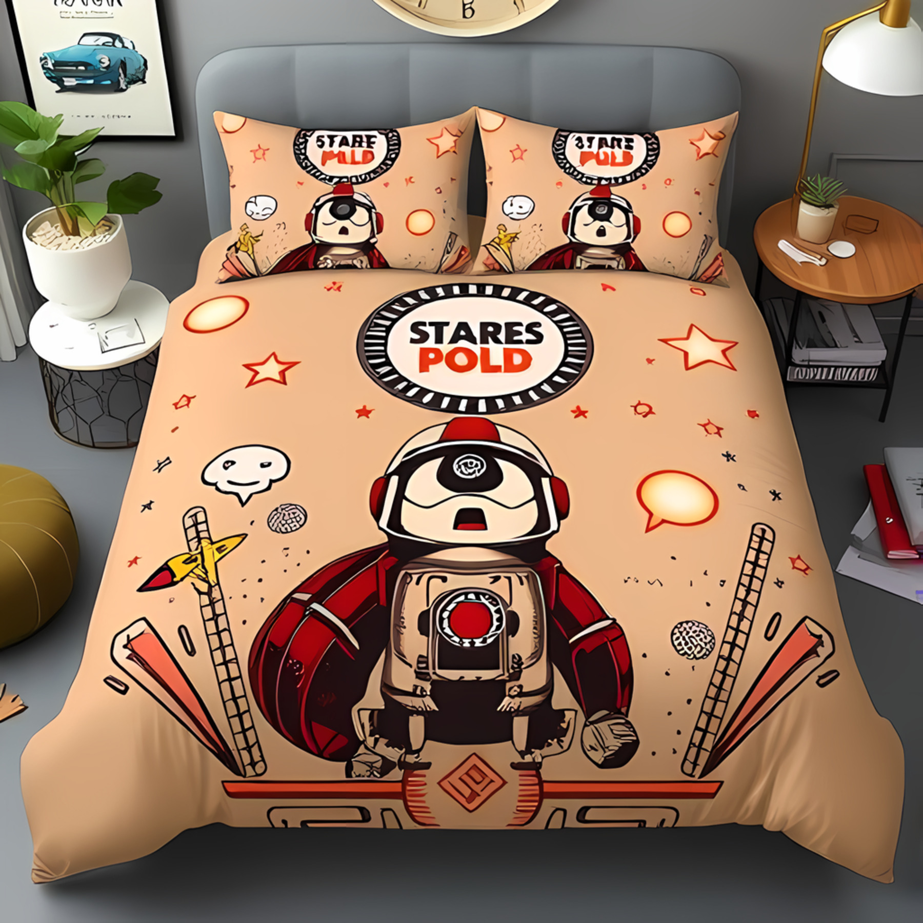 3-Piece Cartoon Robot Duvet Cover Set with Playful Doodles & Stars ...