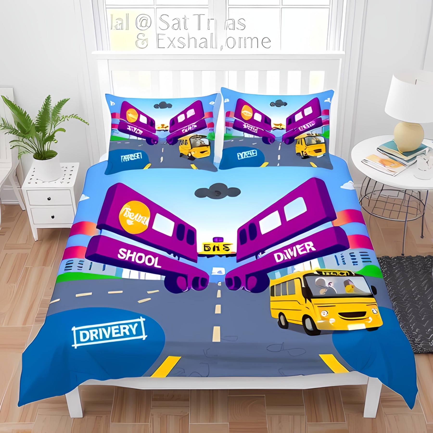 3-Piece Cartoon School Bus Duvet Cover Set - Playful Purple Buses on ...