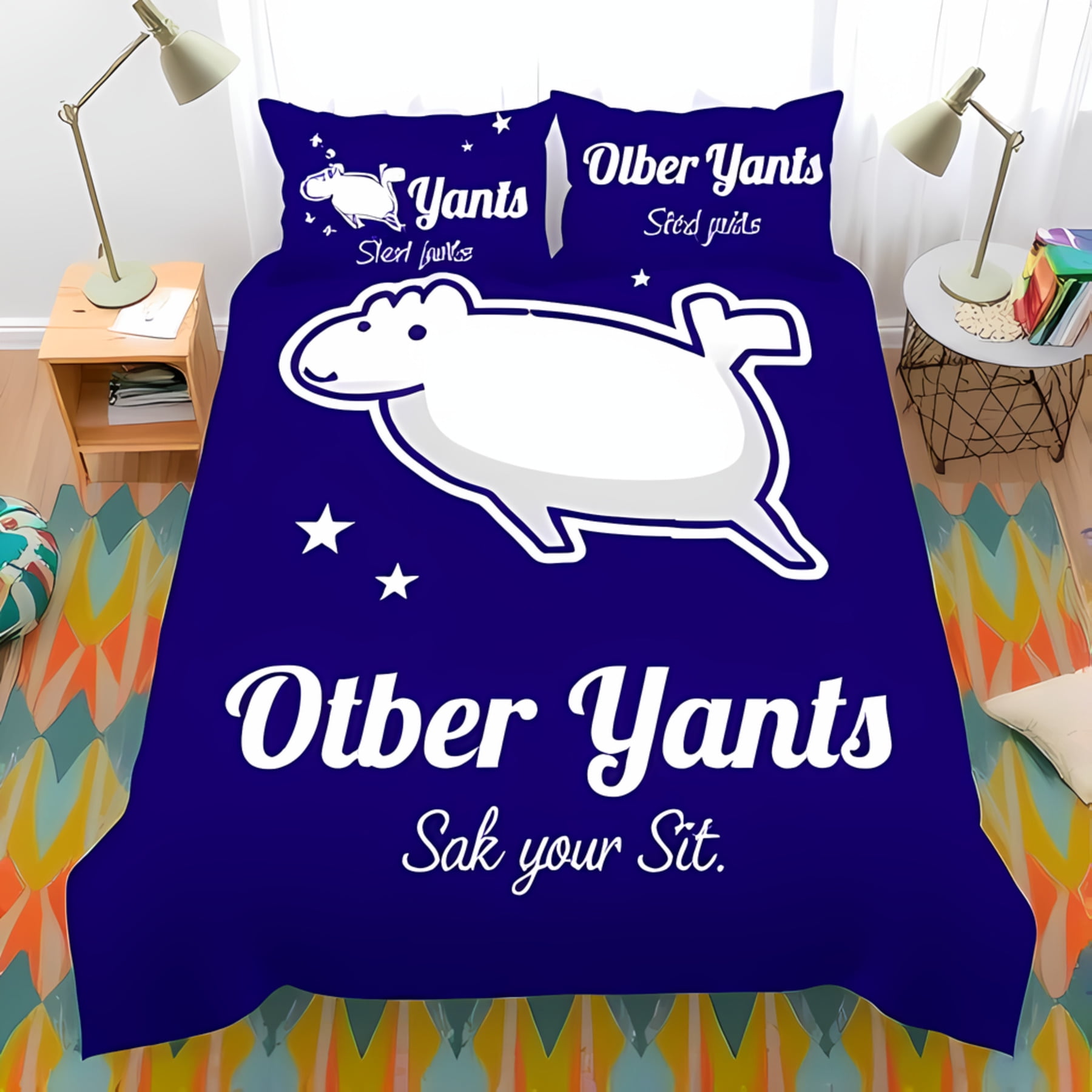 3-Piece Cartoon Sheep Duvet Cover Set - Whimsical Navy Blue Bedding ...