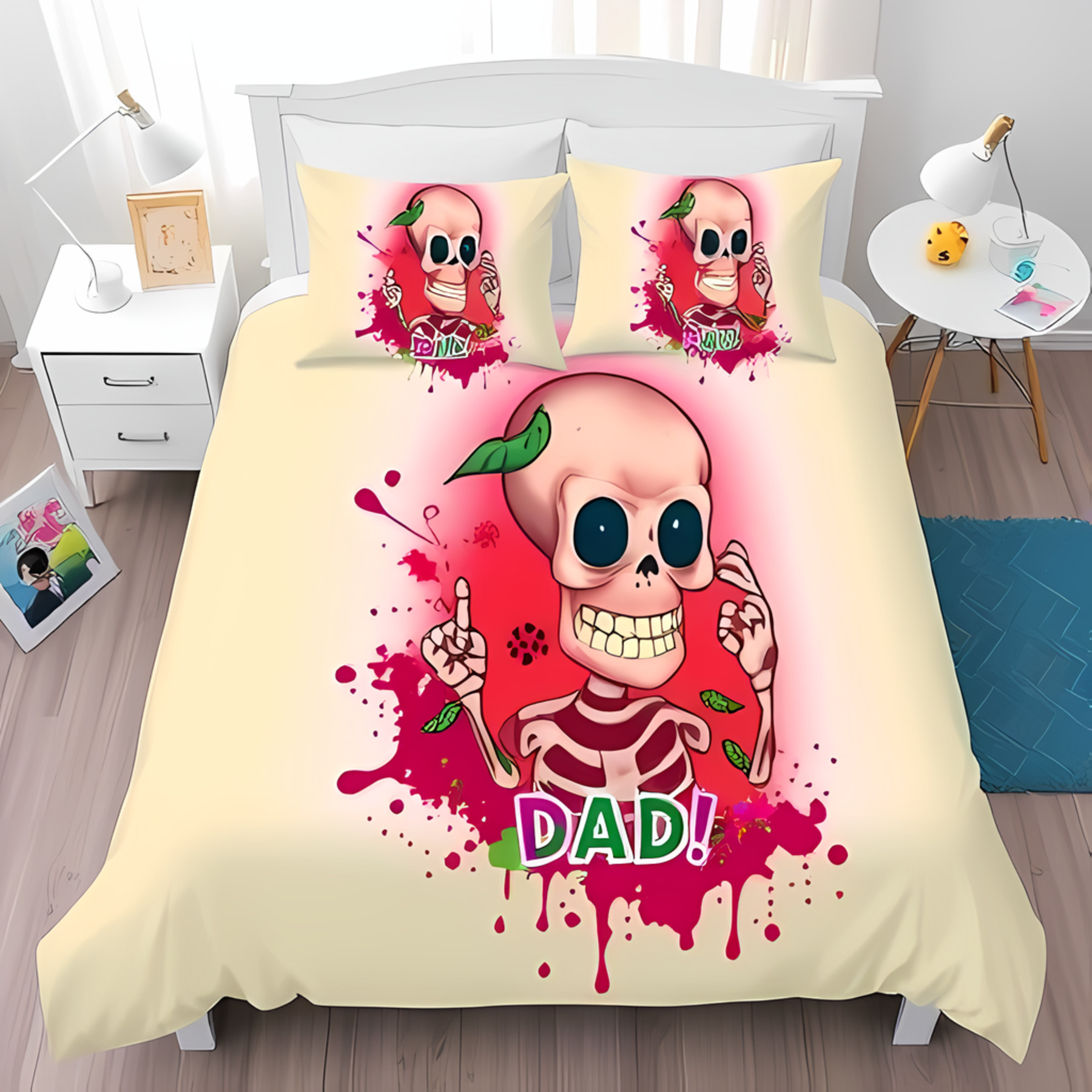 3-Piece Cartoon Skeleton Duvet Cover Set with Colorful Splashes Peace ...