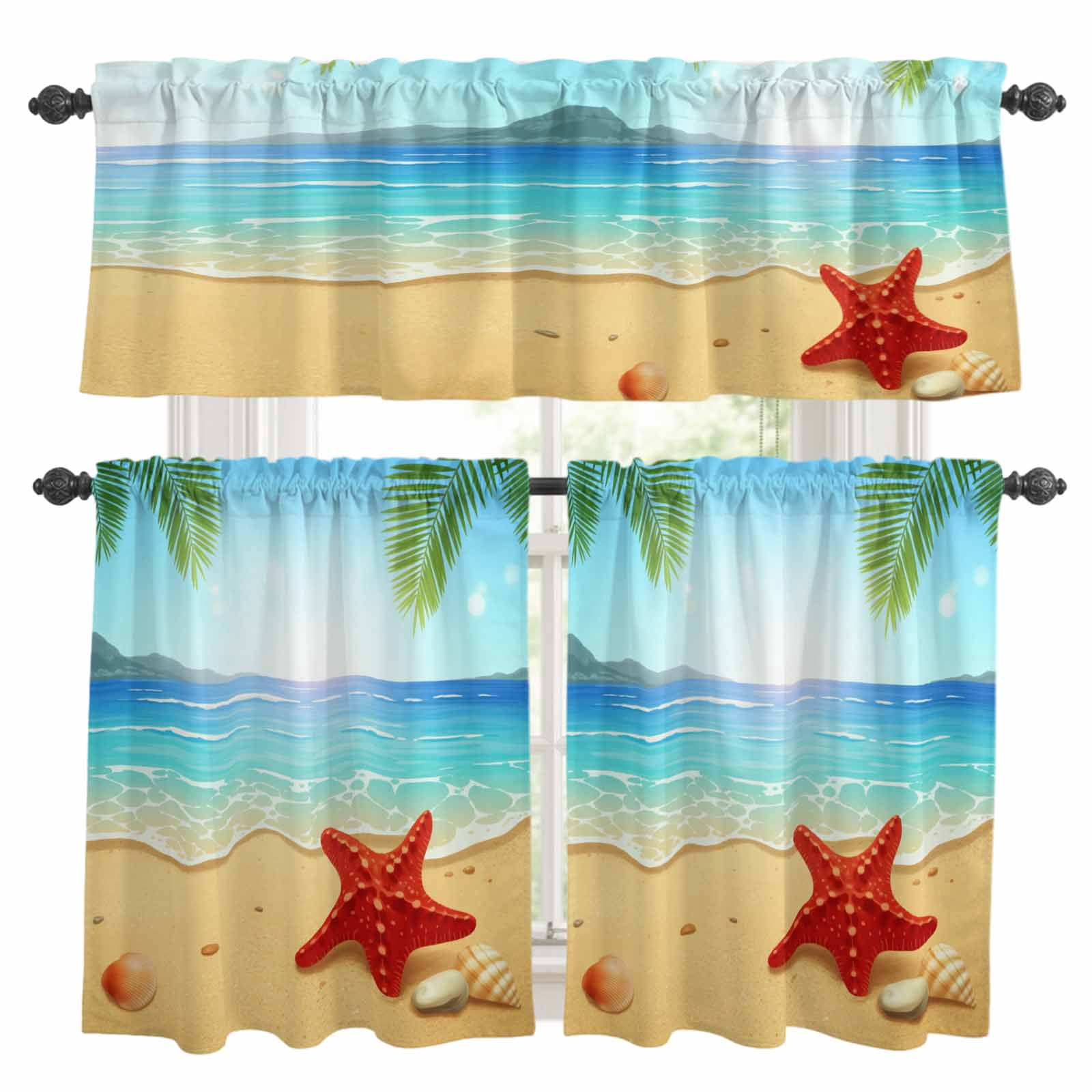3 Piece Cartoon Summer Beach Kitchen Curtain Valance and Tiers Set Red ...