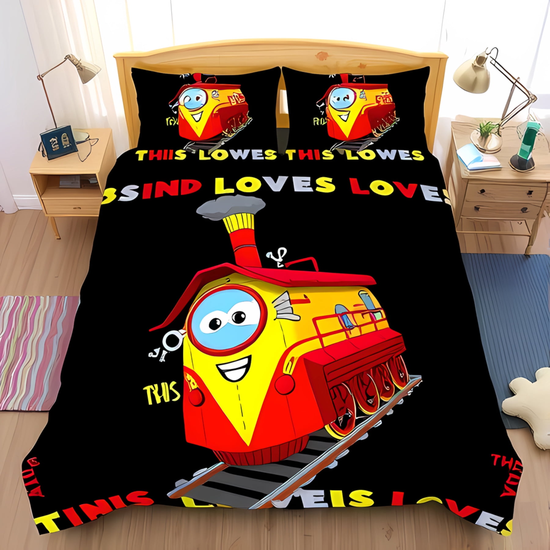 3-Piece Cartoon Train Duvet Cover Set Vibrant Black Bedding with ...