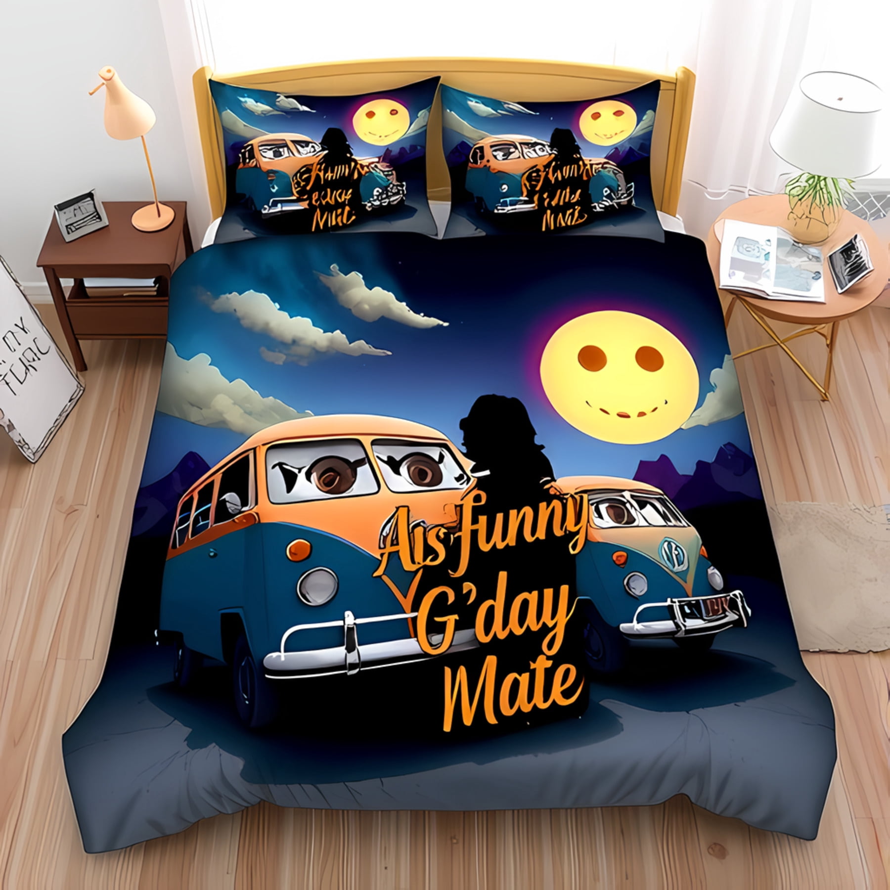 3-Piece Cartoon Van Duvet Cover Set - Fun Night Sky Design with Smiling ...