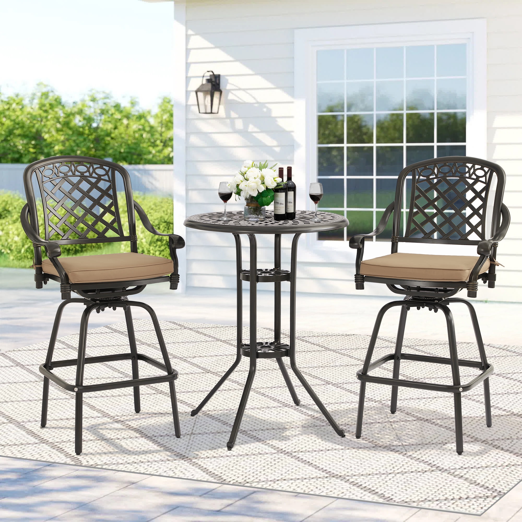3-Piece Cast Aluminum Patio Bar Set, Outdoor Round High Top Table with ...