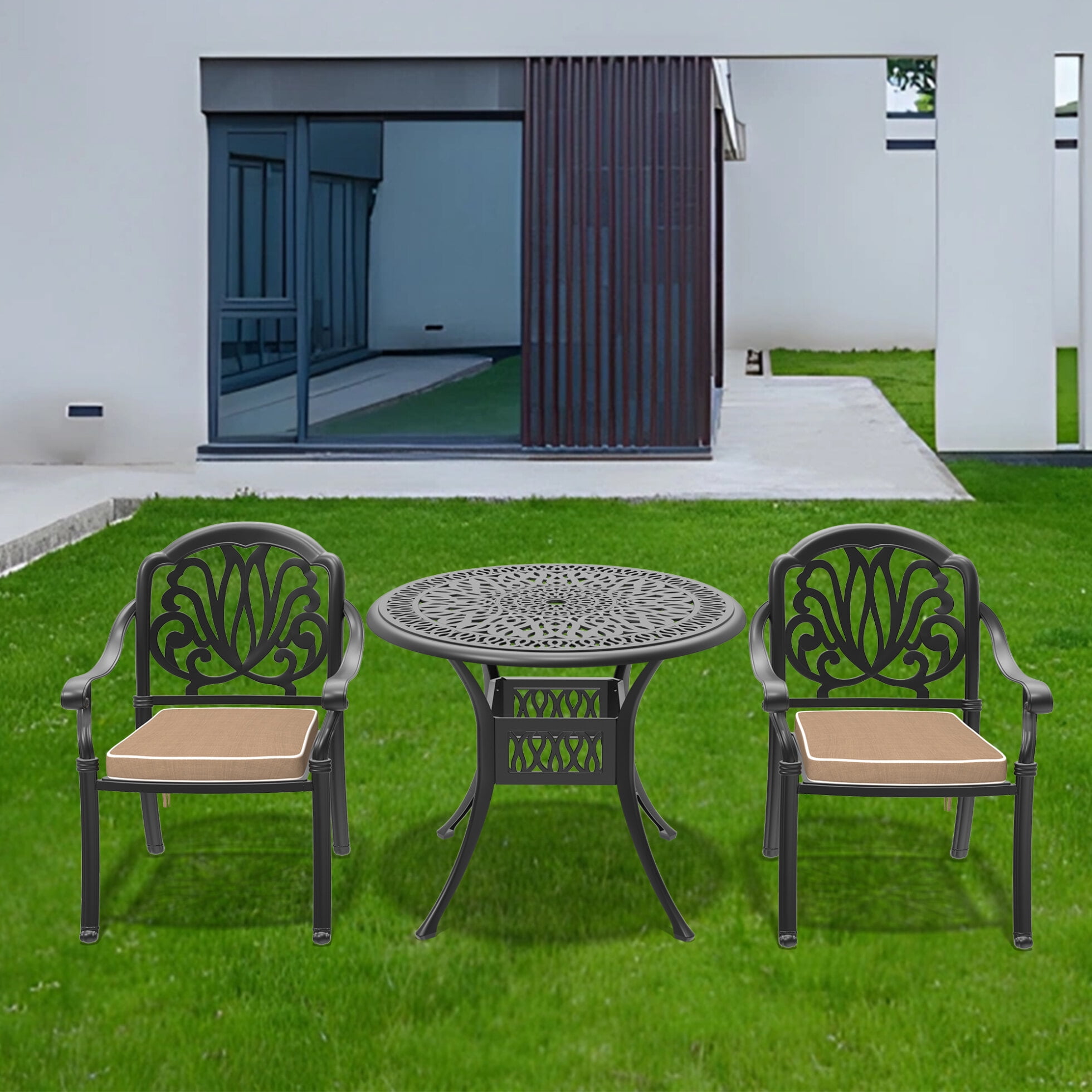 3-Piece Cast Aluminum Patio Set with Weatherproof Cushions ...