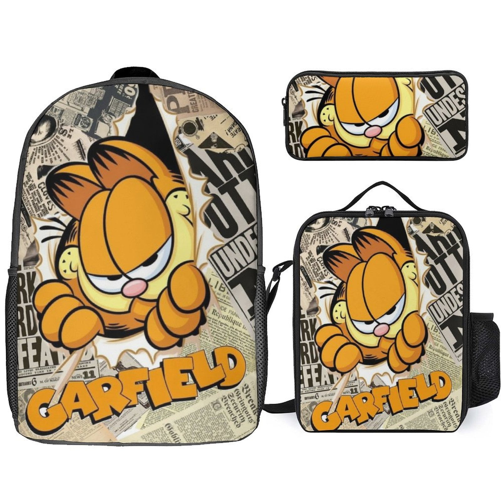 3 Piece Casual Backpack Set Garfield Shoulder Bag Daypacks with Lunch ...