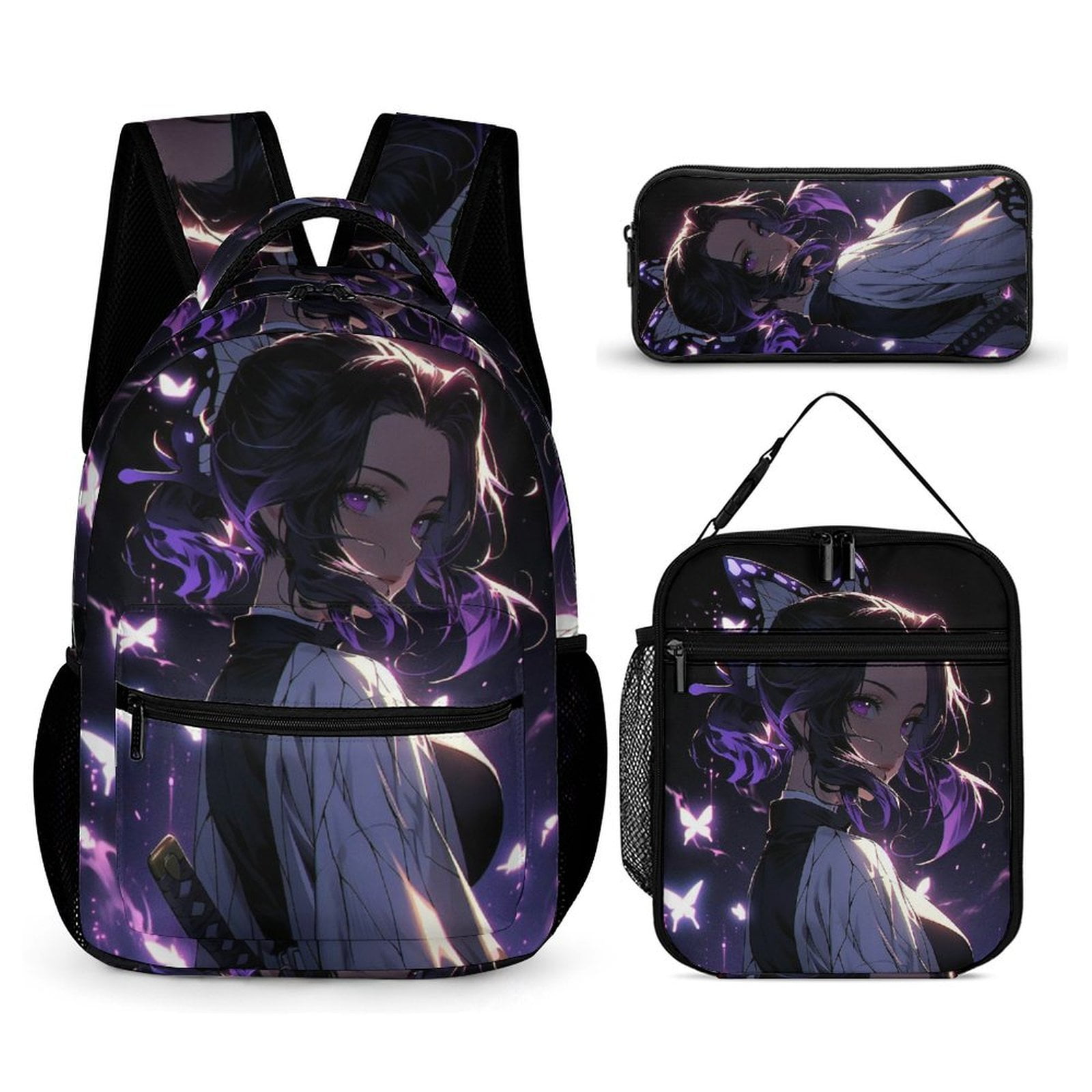 3 Piece Casual Shoulder Bag, Demon Slayer Kochou Shinobu Backpack Set ...