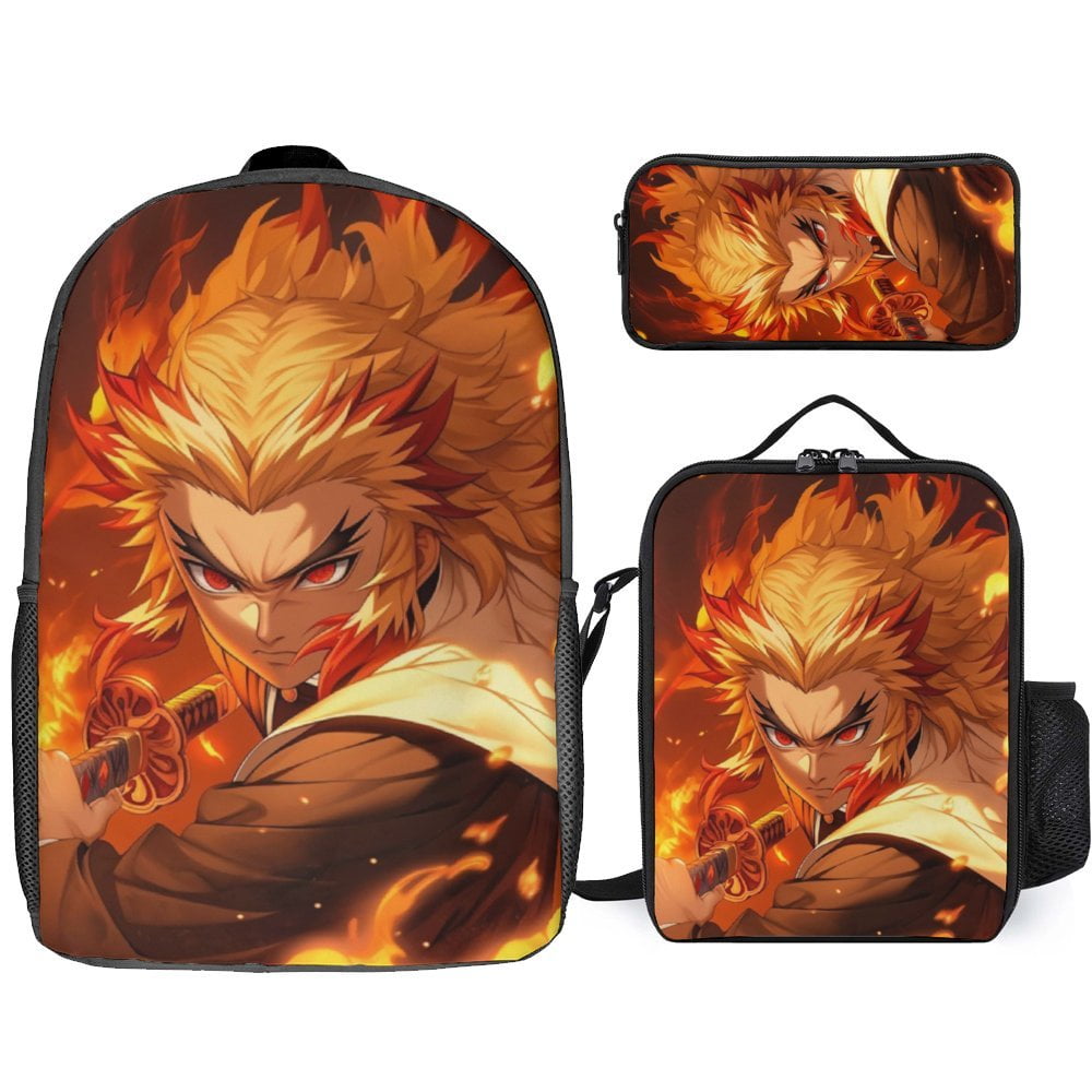 3 Piece Casual Shoulder Bag, Demon Slayer Rengoku Kyojuro Backpack Set ...