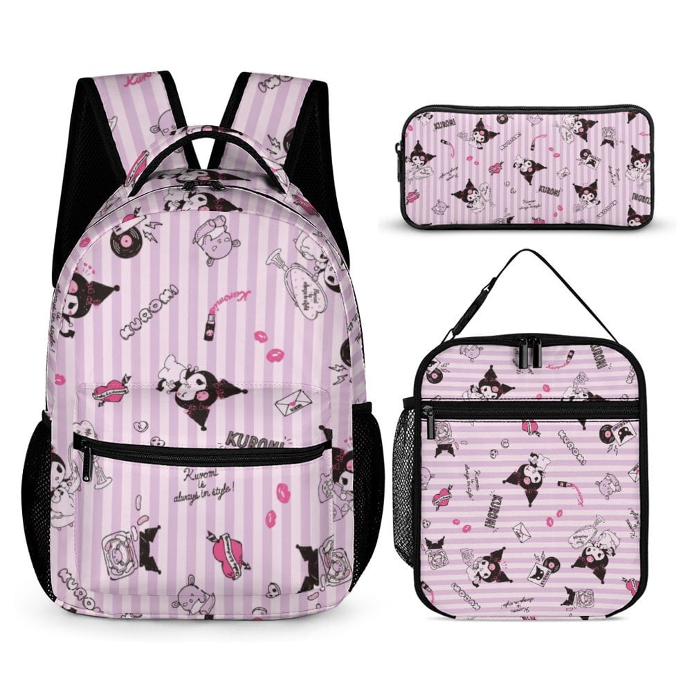 3 Piece Casual Shoulder Bag, Kuromi Backpack Set Travel Knapsack with ...