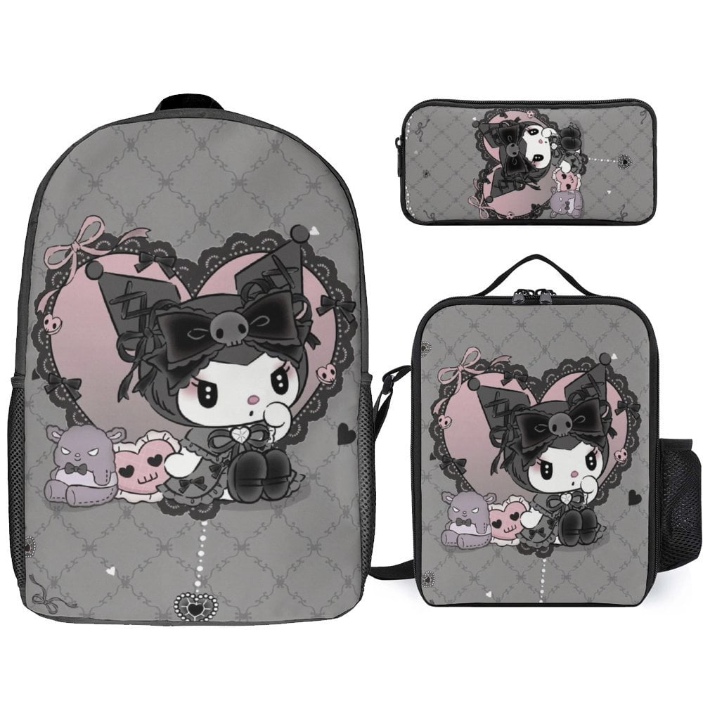 3 Piece Casual Shoulder Bag, Kuromi Backpack Set Travel Knapsack with ...