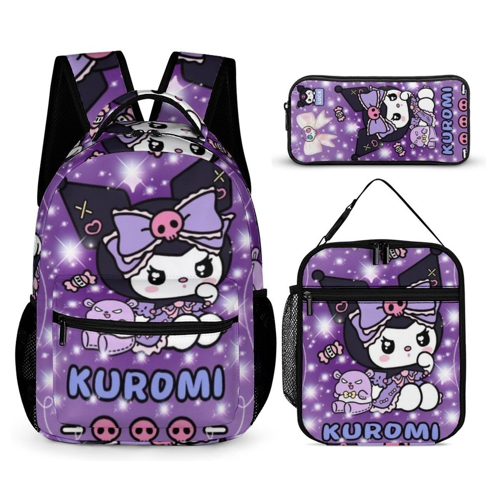 3 Piece Casual Shoulder Bag, Kuromi Backpack Set Travel Knapsack with ...
