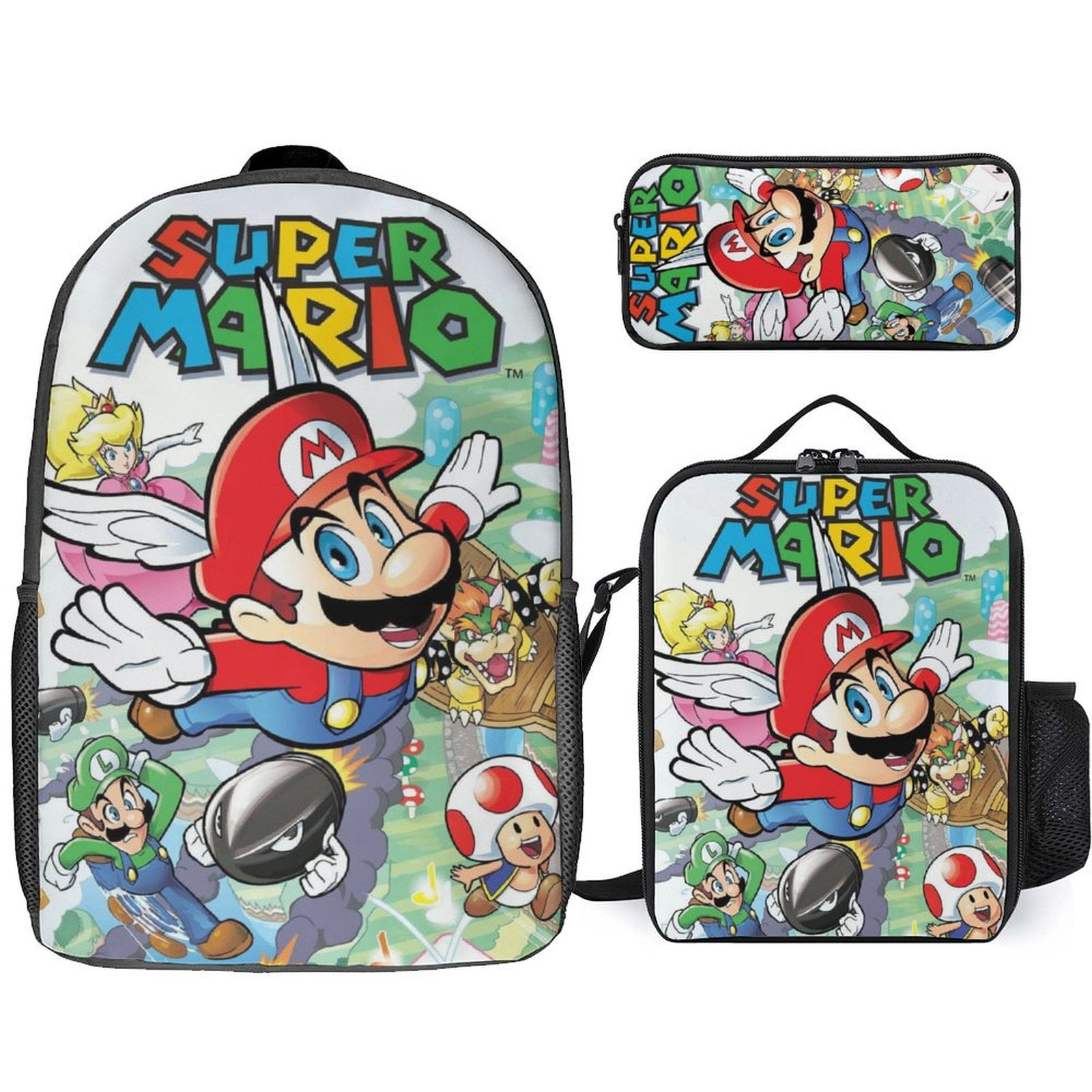 3 Piece Casual Shoulder Bag, Super Mario Backpack Set Travel Knapsack ...