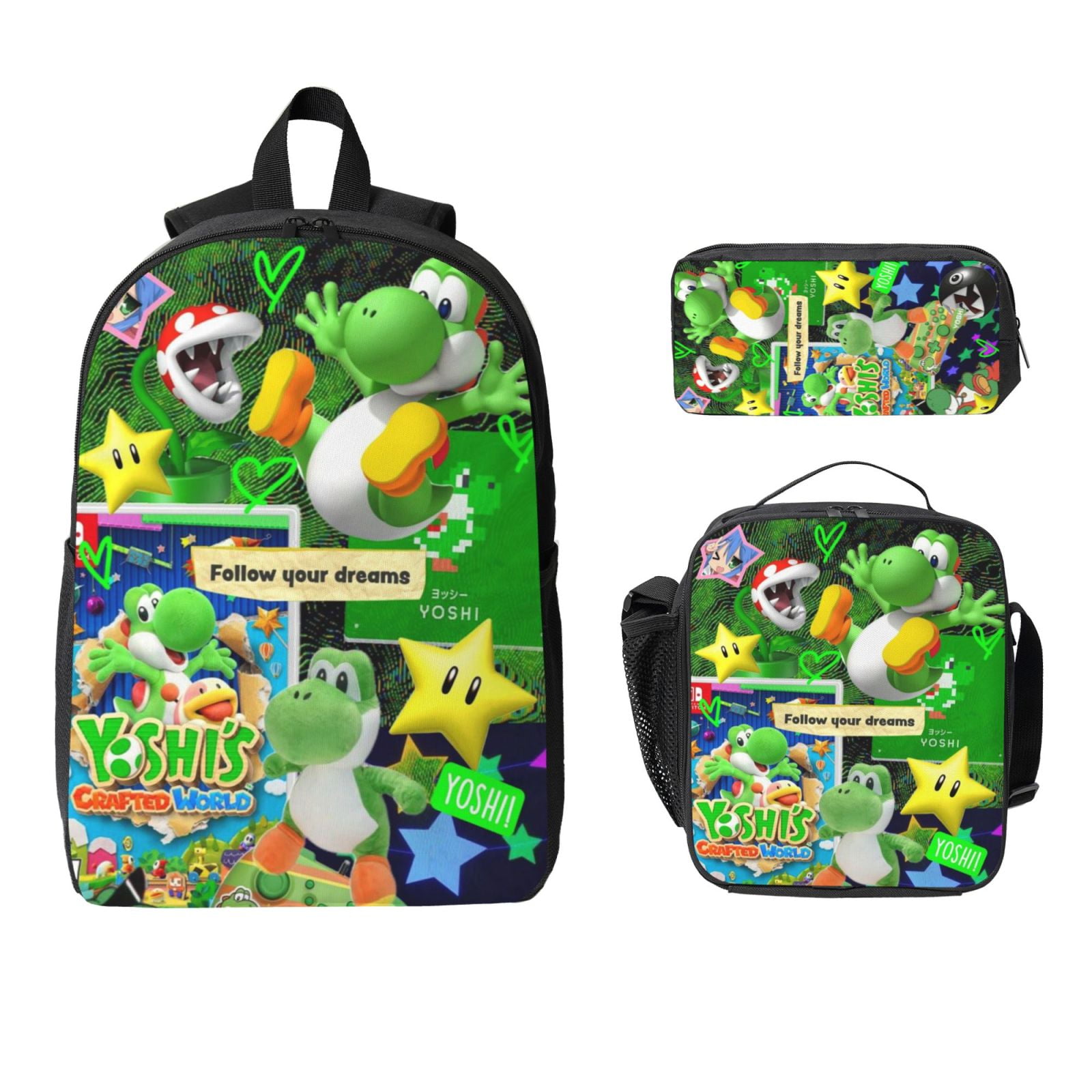 3 Piece Casual Shoulder Bag, Yoshi Mario Backpack Set Travel Knapsack ...