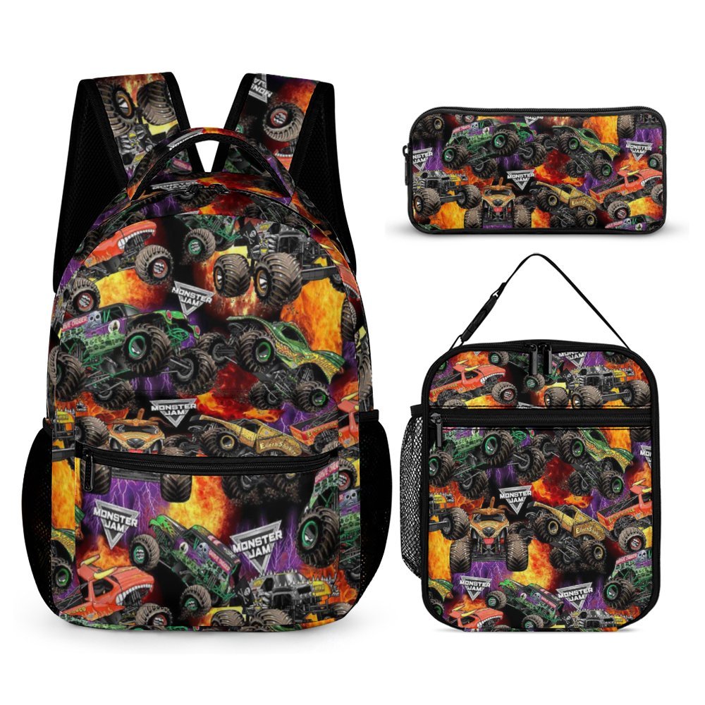 3 Piece Casual Shoulder Bookbag, Monster Truck Jam Backpack Travel Bag ...