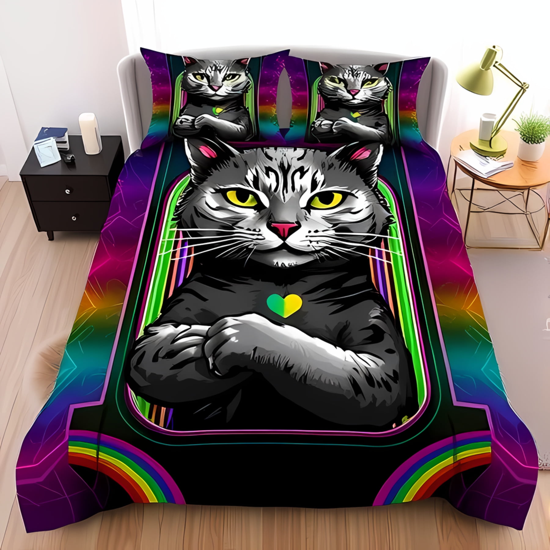 3-Piece Cat Duvet Cover Set with Artistic Cat Design Fierce Yellow Eyes ...