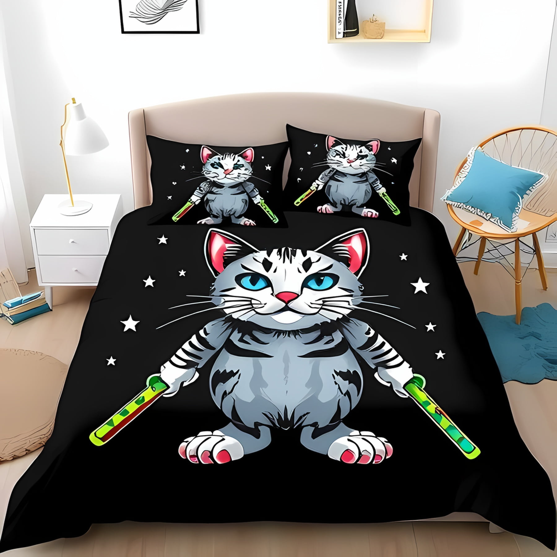 3-Piece Cat Duvet Cover Set with Lightsabers & Matching Pillowcases ...