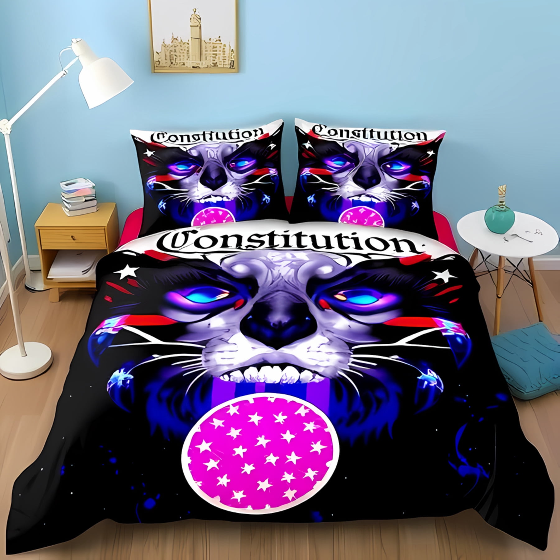 3-Piece Cat Face Duvet Cover Set with Vibrant Blue & Purple Eyes Stars ...