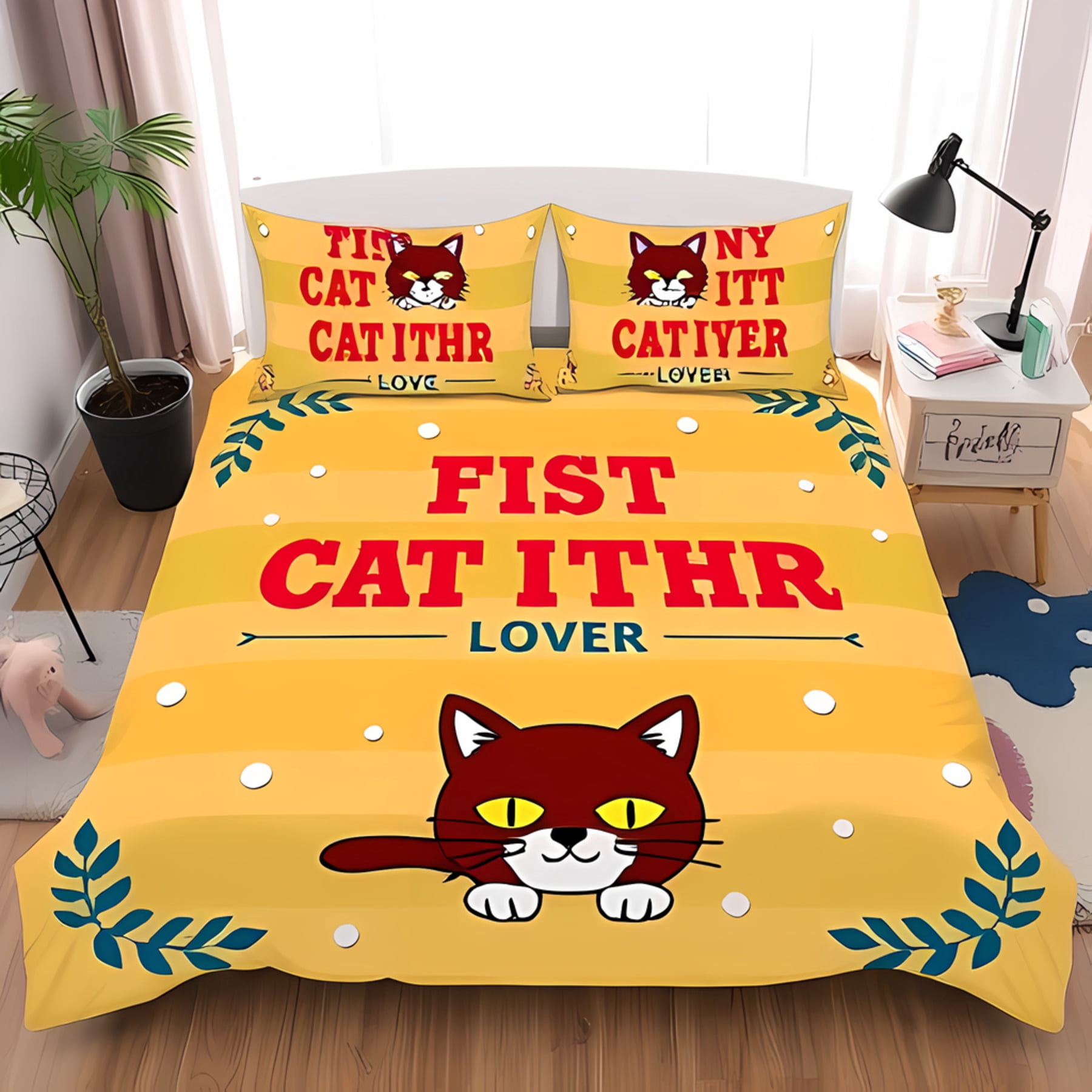 3-Piece Cat Lover Duvet Cover Set - Cheerful Yellow with Playful Text ...