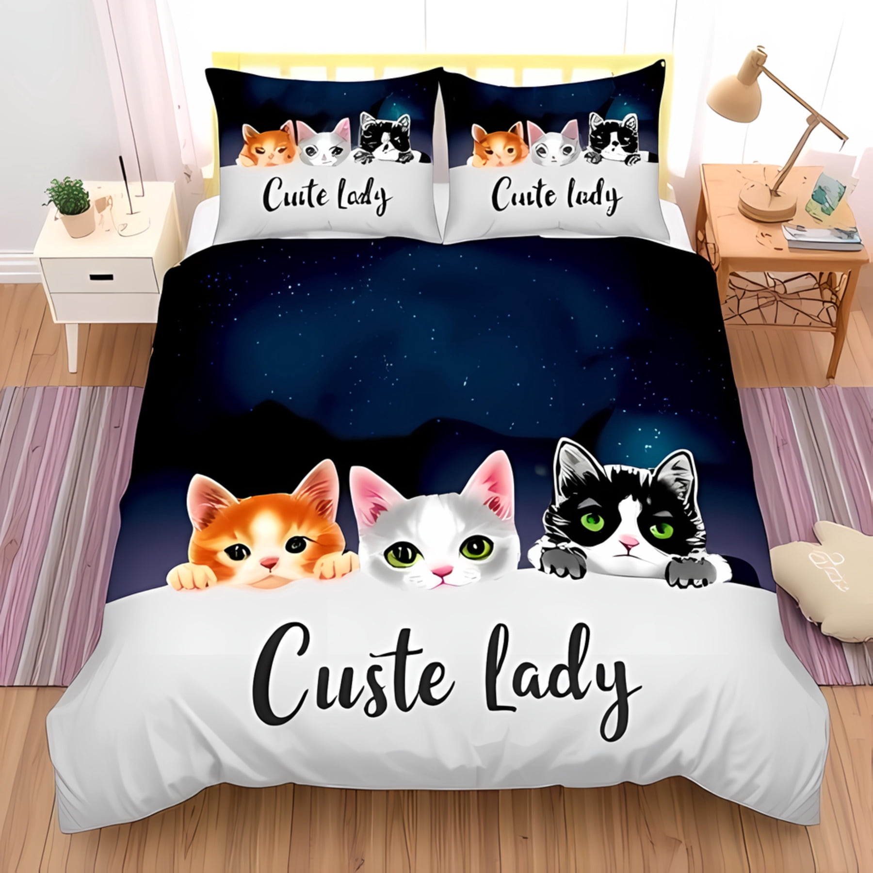 3-Piece Cat Themed Duvet Cover Set - Adorable Cartoon Cats Vibrant ...