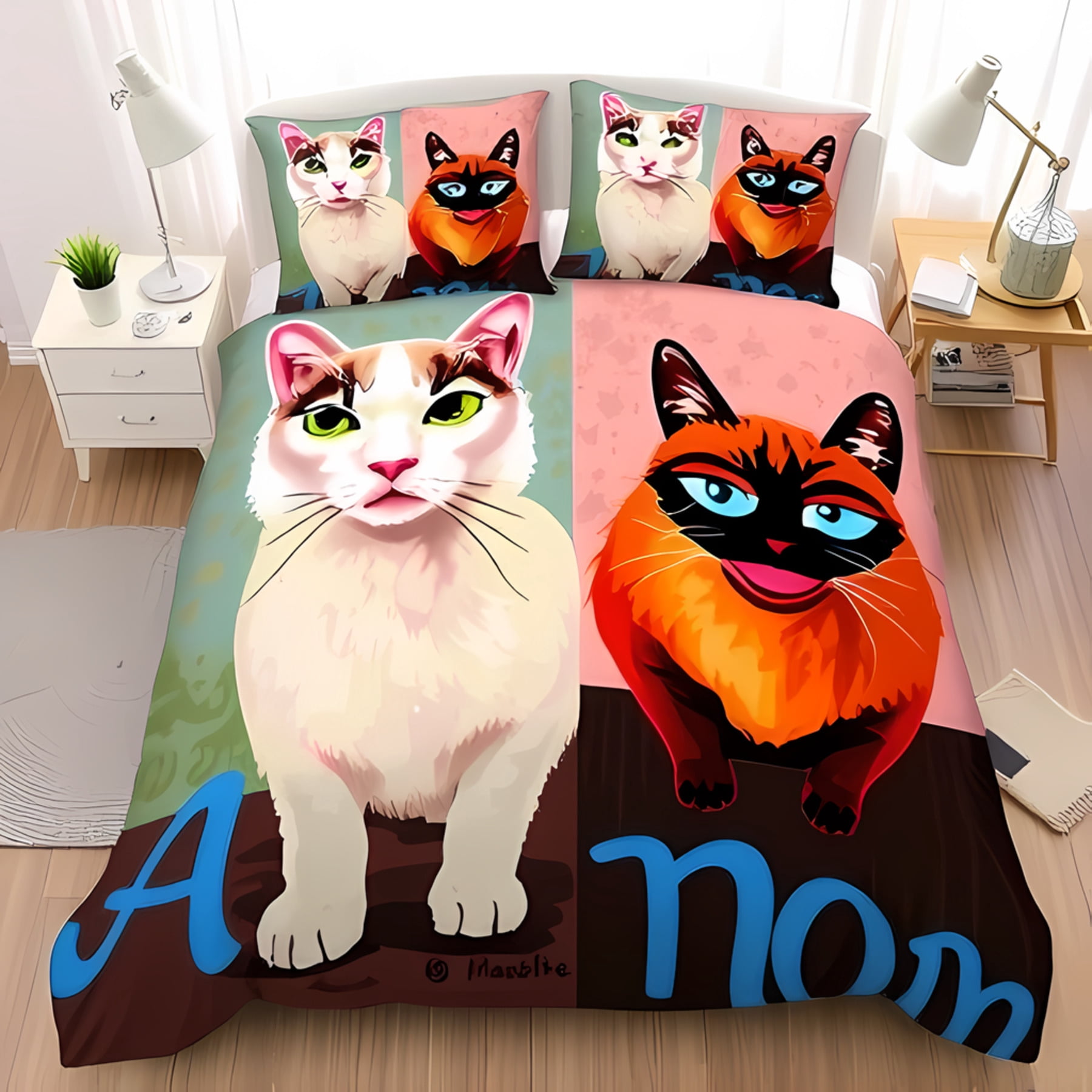 3-Piece Cat Themed Duvet Cover Set - Colorful Cream & Orange Cat Design ...