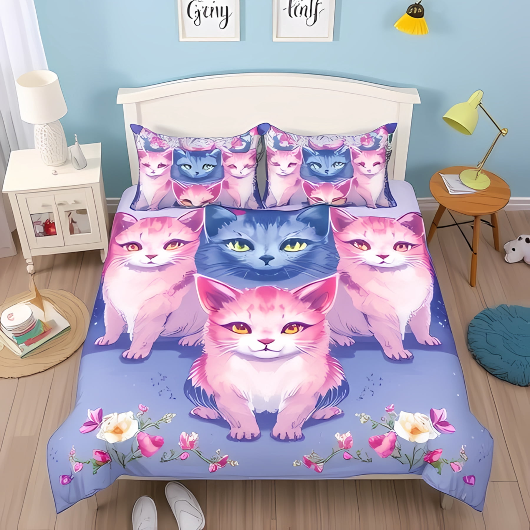 3-Piece Cat Themed Duvet Cover Set in Pastel Colors - Whimsical Bedding ...